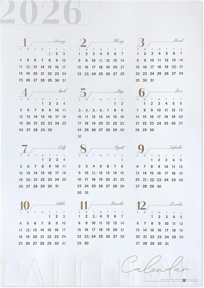 Amazon | SIMPLISH STANDARD 2026 ポスターカレンダー B3 12ヶ月 年間 シンプル エンボス加工 ゴールド印刷 ...