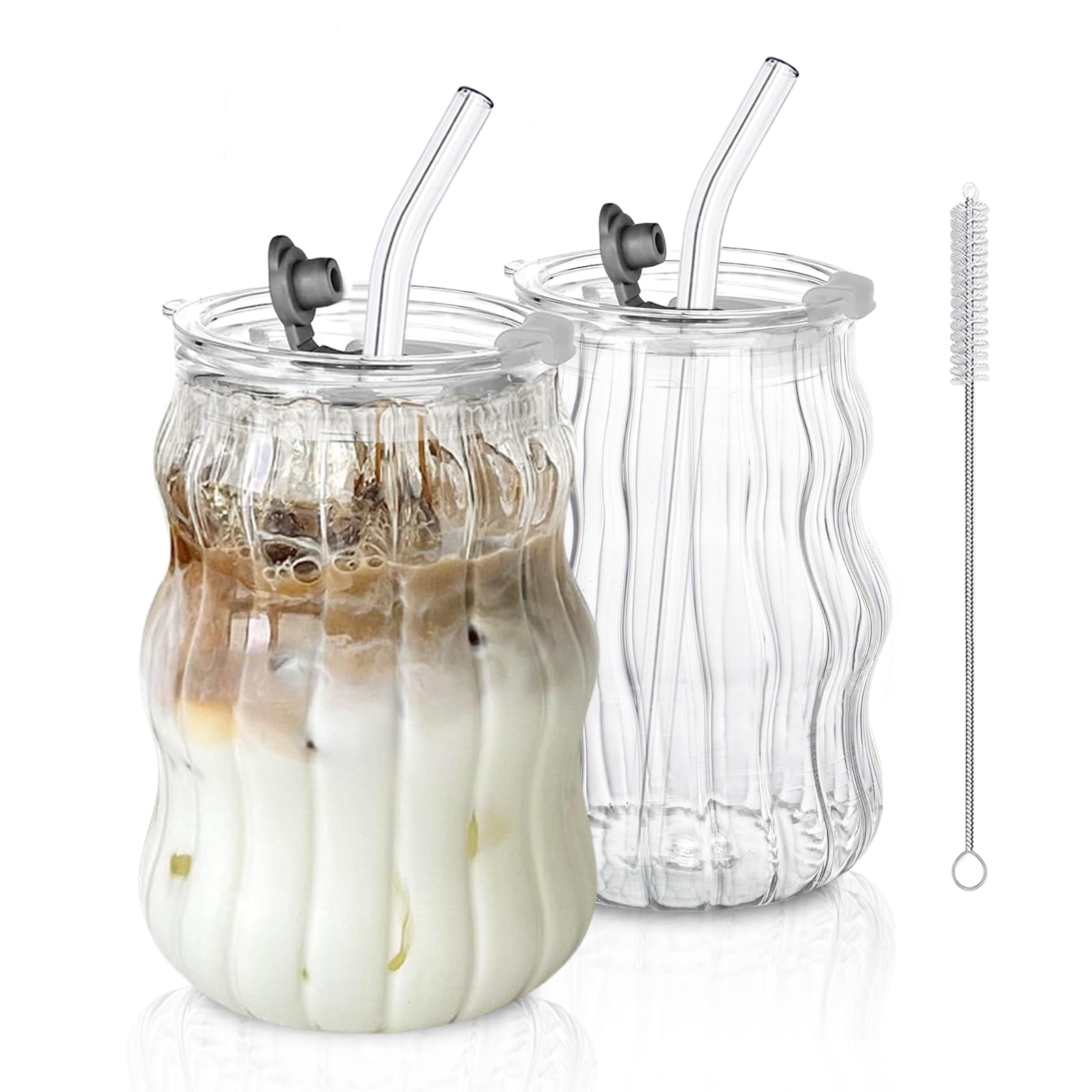 Amazon.com: Ribbed Glass Cups with Lids and Straws – Unique Glass Cups ...