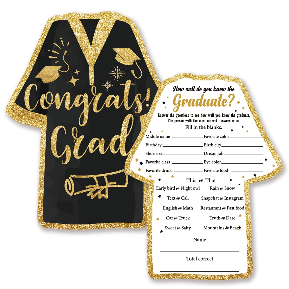 30 Graduation Party Game Cards Black Gold Glitter Shaped How Well Do ...