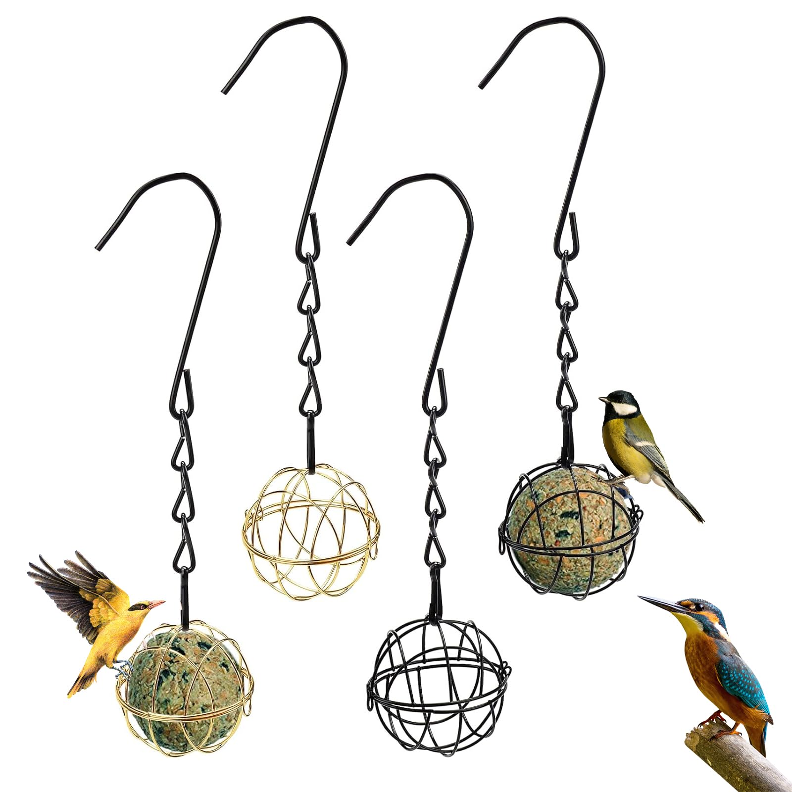 ONEMEAN Fat Ball Bird Feeder Set with Hook, 4-Piece Metal Birdfeede ...