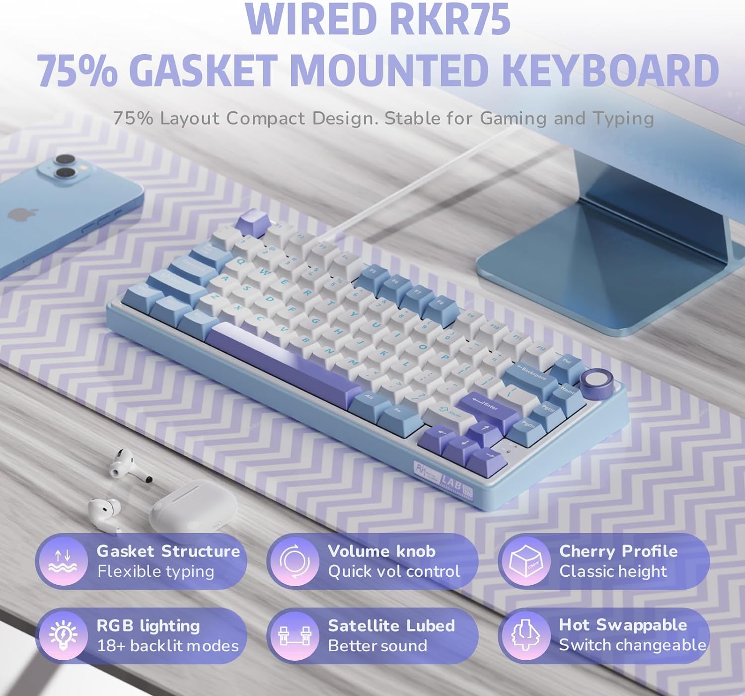 RK ROYAL KLUDGE R75 Mechanical Keyboard Wired with Volume Knob, 75% Custom Gaming Keyboard ...