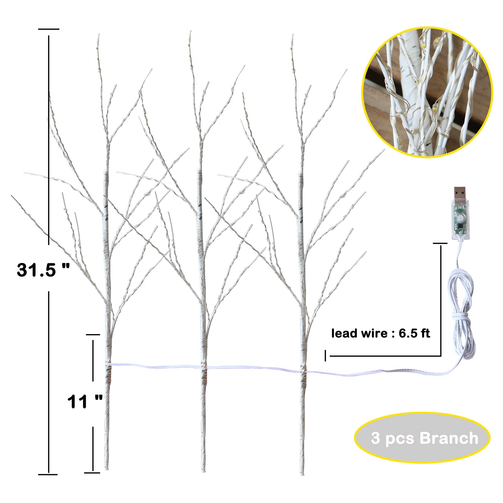 3PK 32IN 150 LED Lighted White Birch Branches Fairy Lights with Remote ...