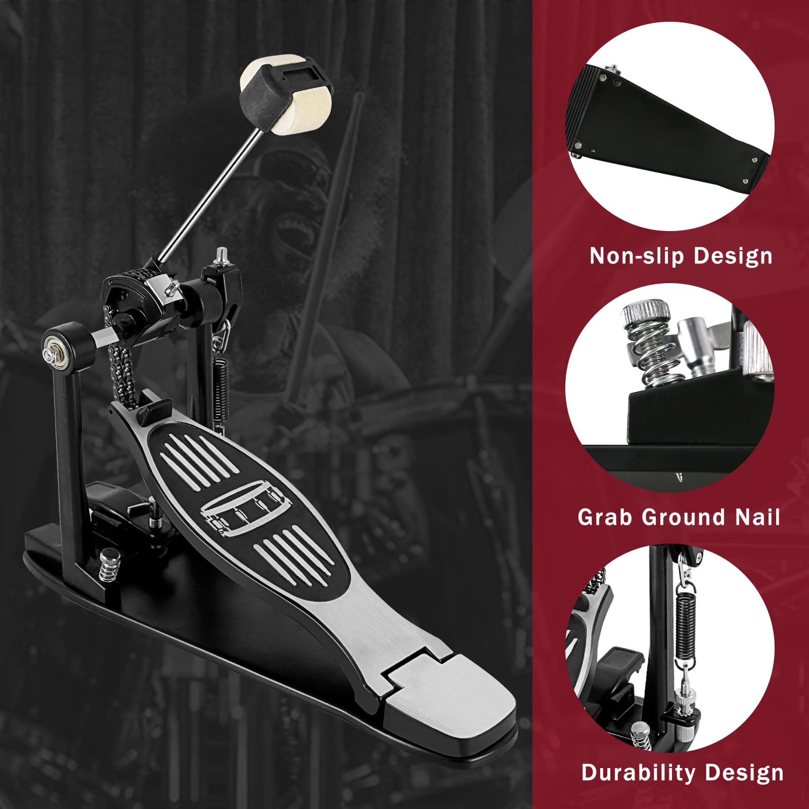 RANMING Single Bass Drum Pedal,Two-Sided Beater Head Drum Pedal,Double ...
