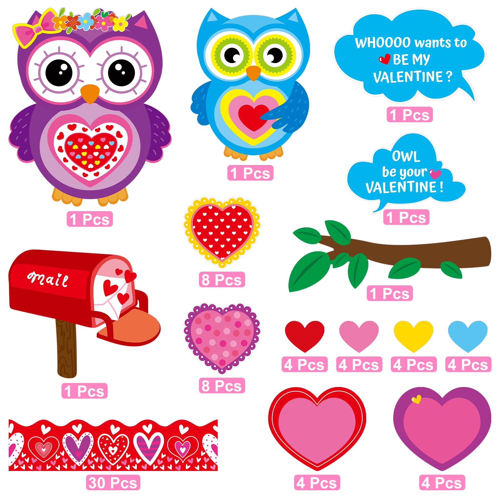 Snapklik.com : 76 Pcs Valentines Day Bulletin Board Decorations Owl Red ...