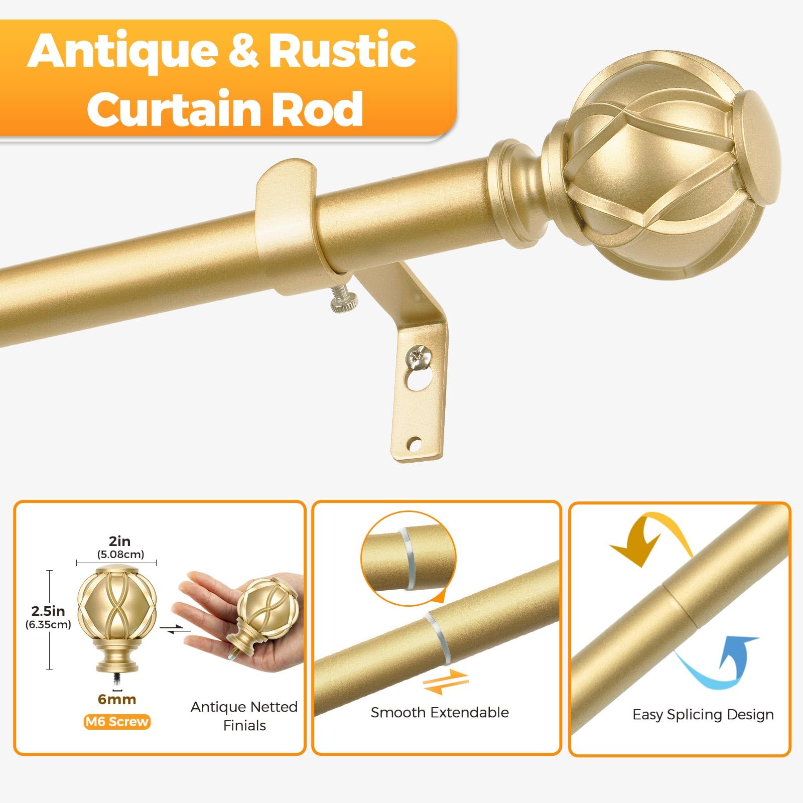 HOTOZON 2 Pack Antique Gold Curtain Rod 48 to 84 Inch, 3/4 Inch ...
