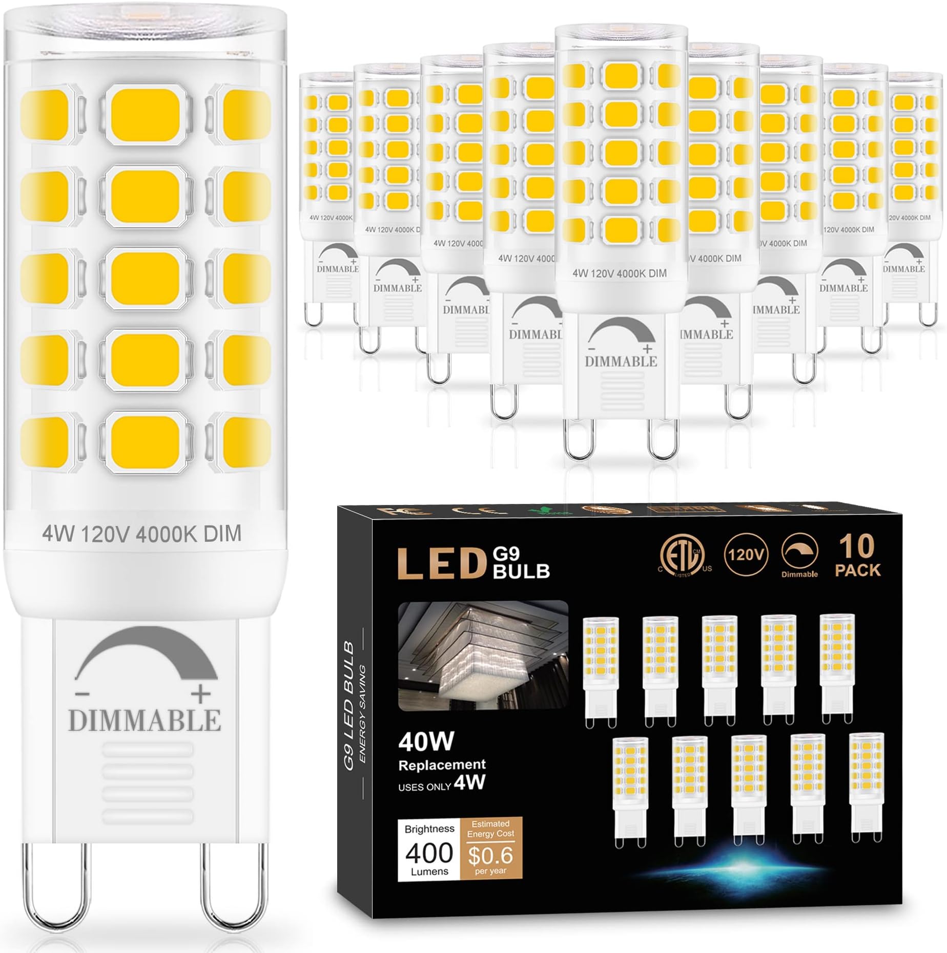 10 Pack Dimmable G9 LED Bulb 4000K Natural Daylight, Sailstar T4 G9 4W ...