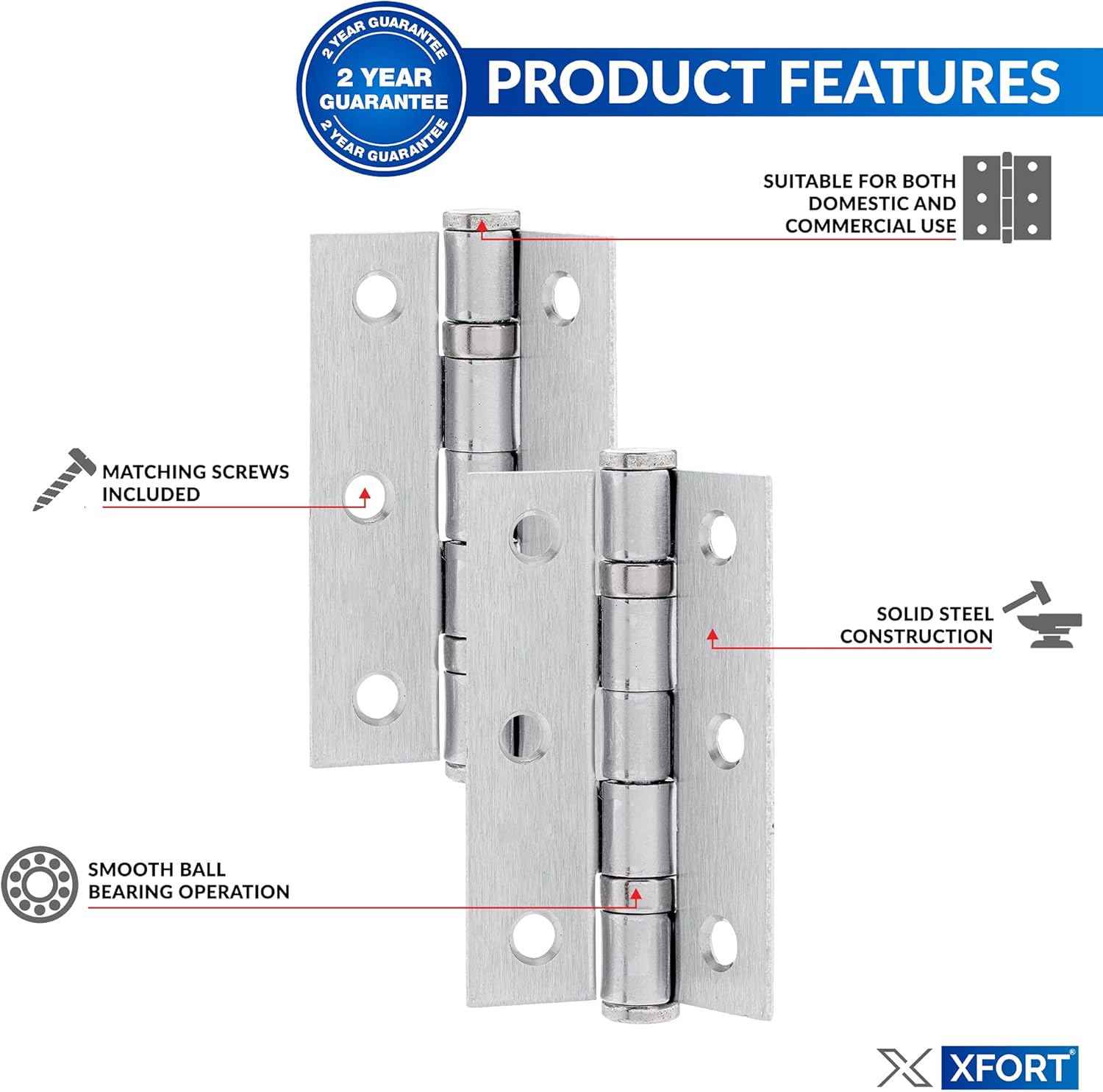 XFORT 3 Inch (75mm) Steel Fire Rated Internal Door Hinges, Satin Chrome ...