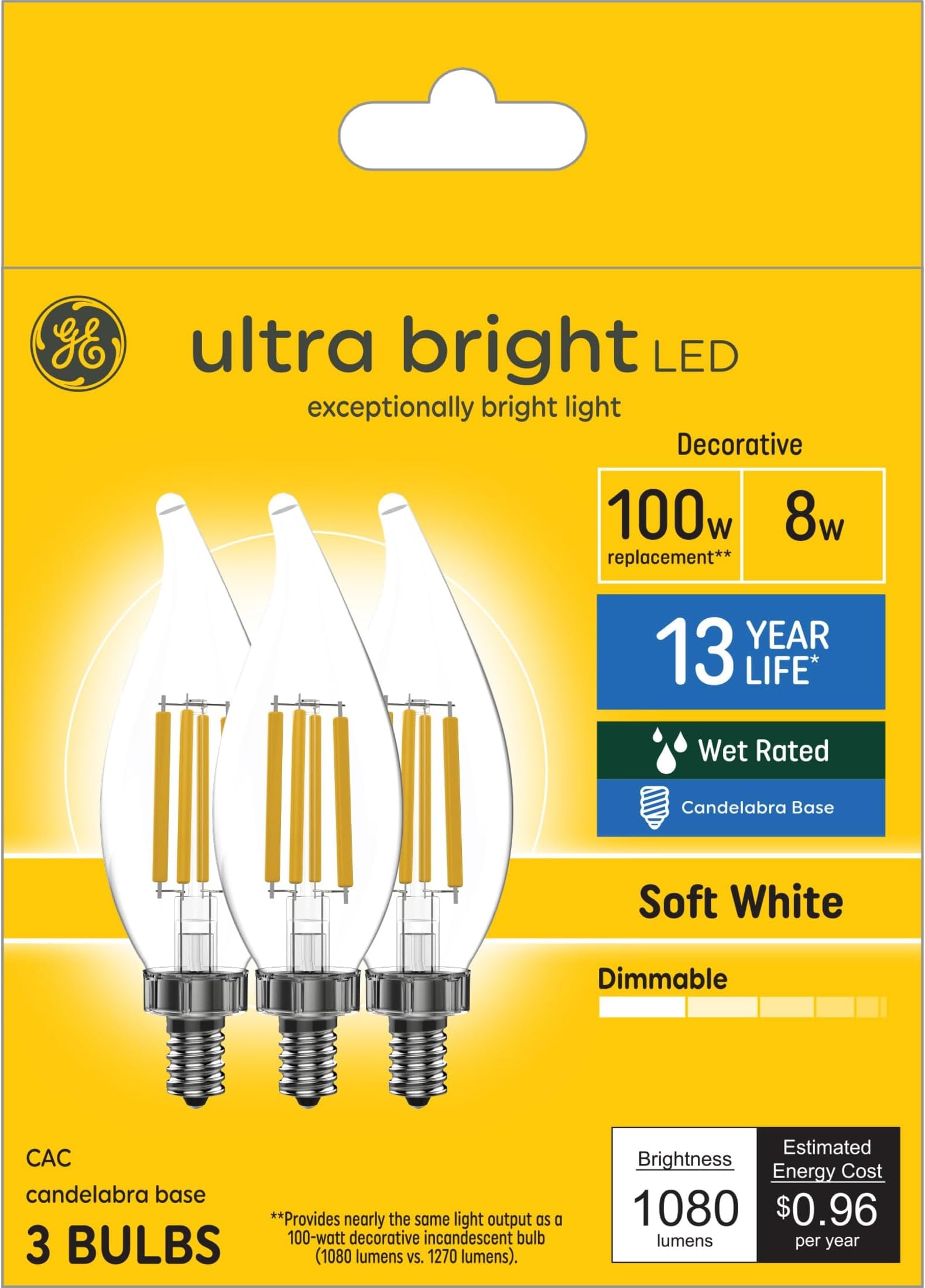GE Ultra Bright LED Light Bulbs, 100W, Soft White Candle Lights, Clear ...