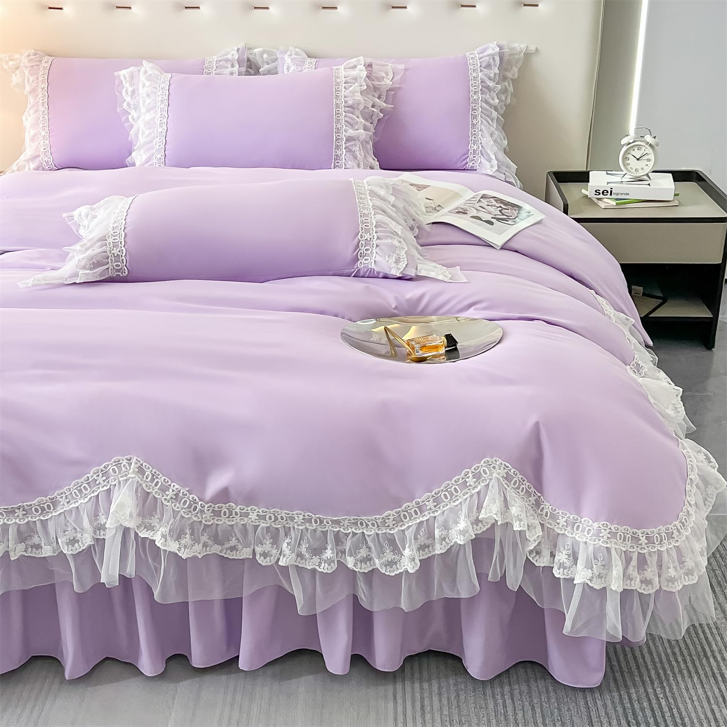 Amazon.com: MOOWOO Chic Ruffle Lace Polyester Duvet Cover Set -Girl ...