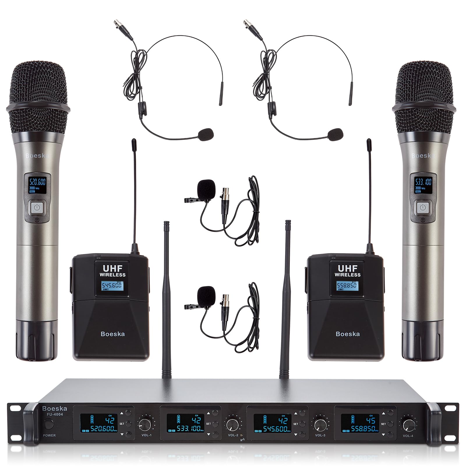 Amazon.com: 4 Channel Wireless Microphone System UHF 2 Cordless ...