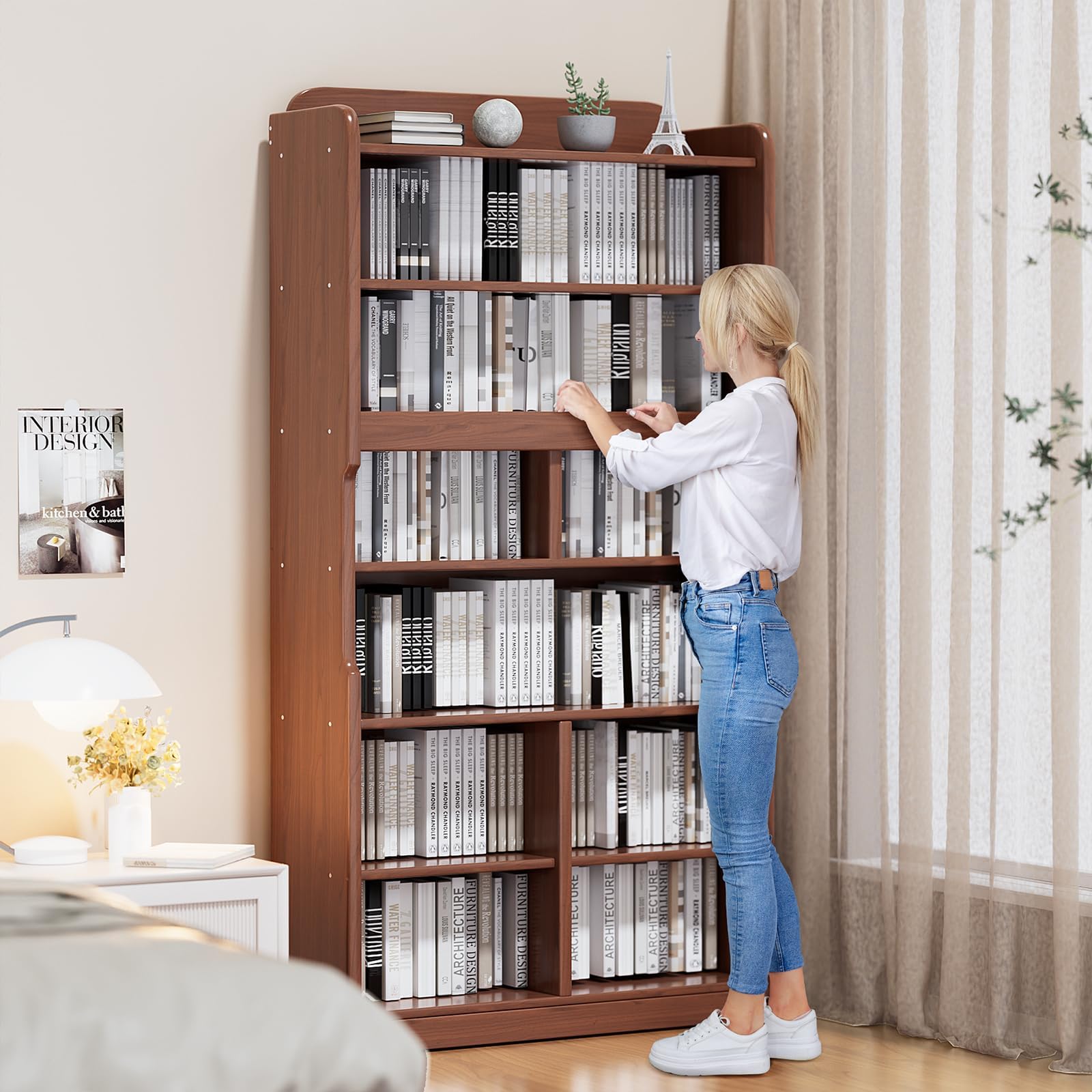 Amazon.com: KINGBO 7-Shelf Solid Wood Bookshelf, Freestanding Display ...