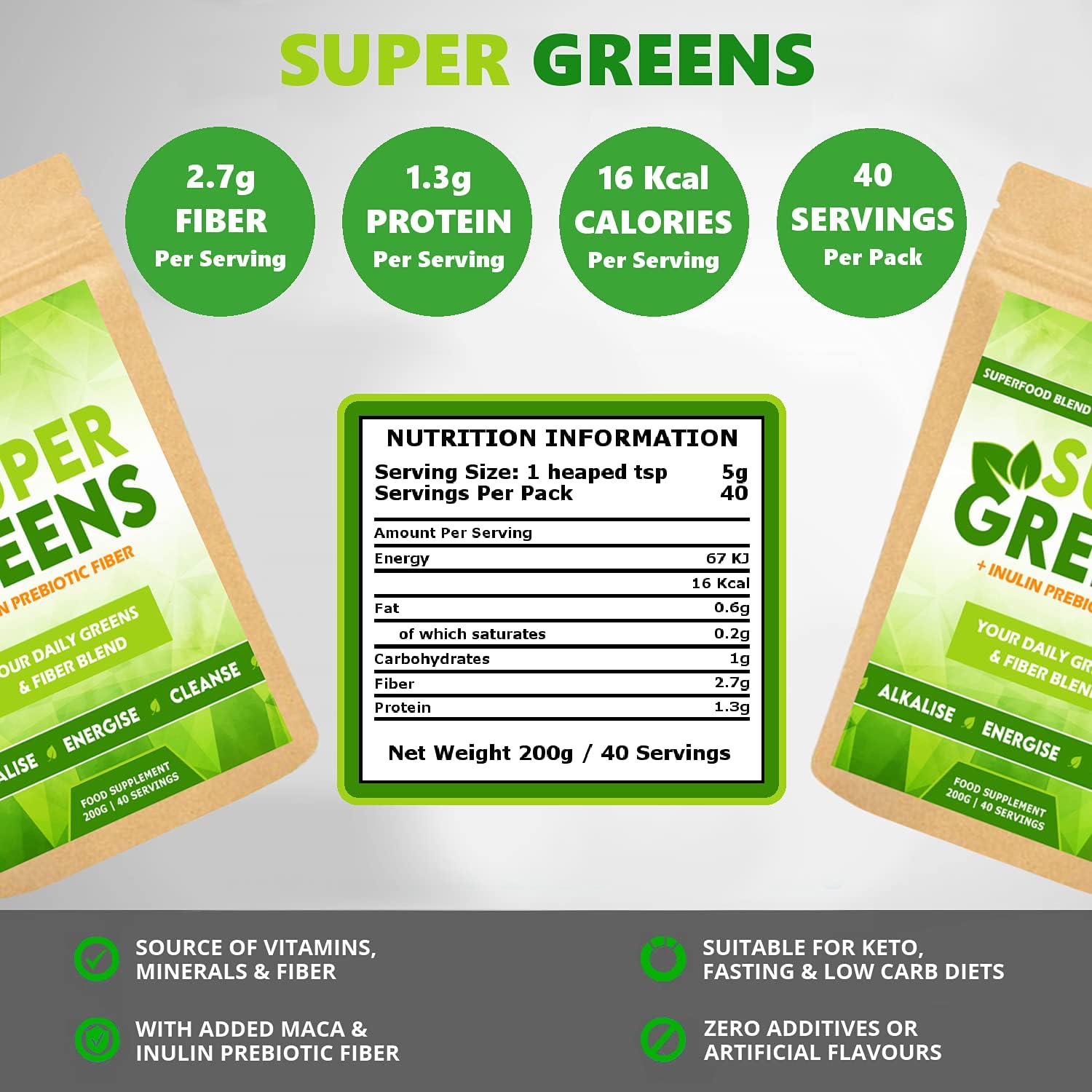 Super Greens Powder, Alkaline Superfoods Smoothie Booster With Inulin ...