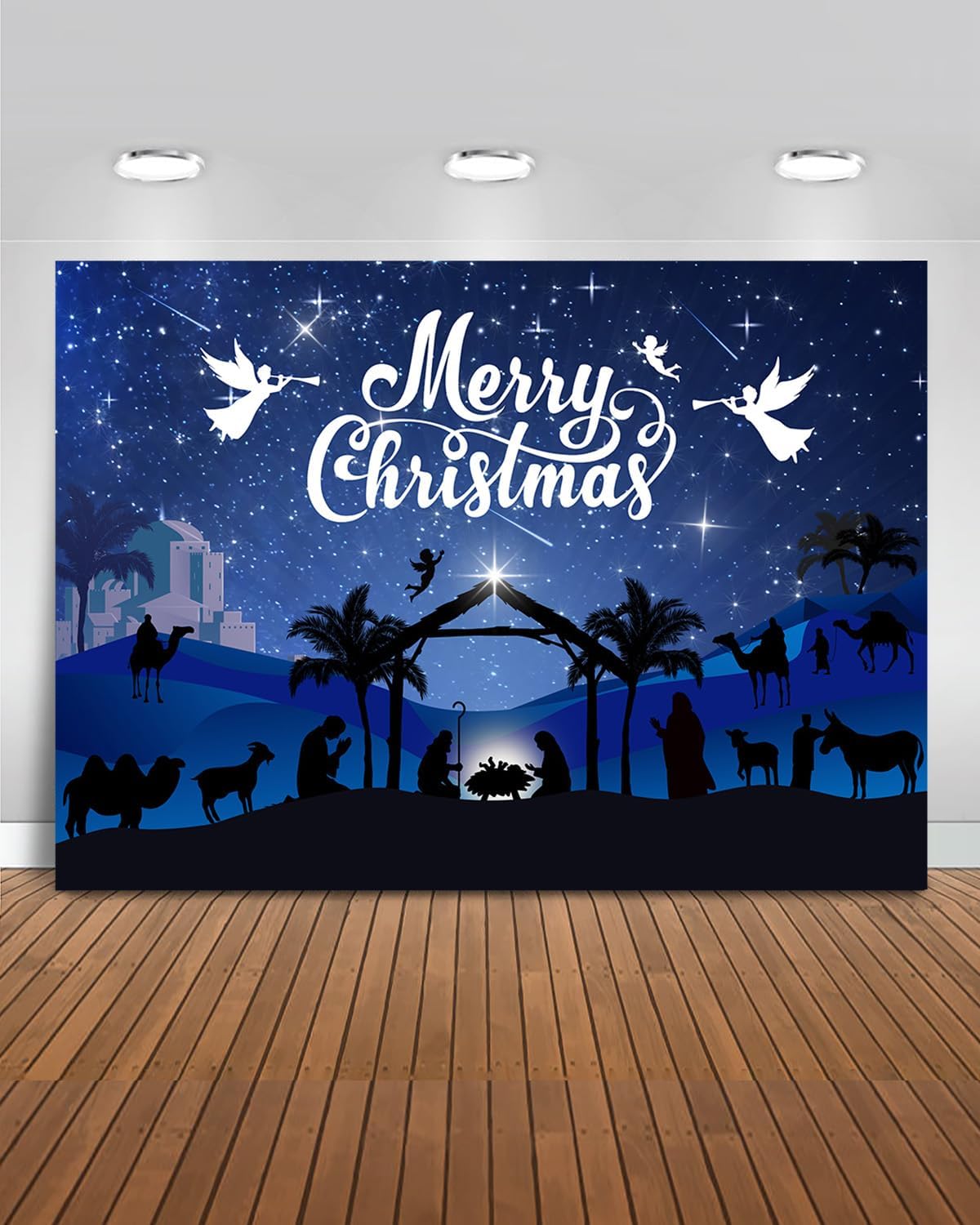 Amazon.com : Mocsicka Merry Christmas Nativity Backdrop Blue Large ...
