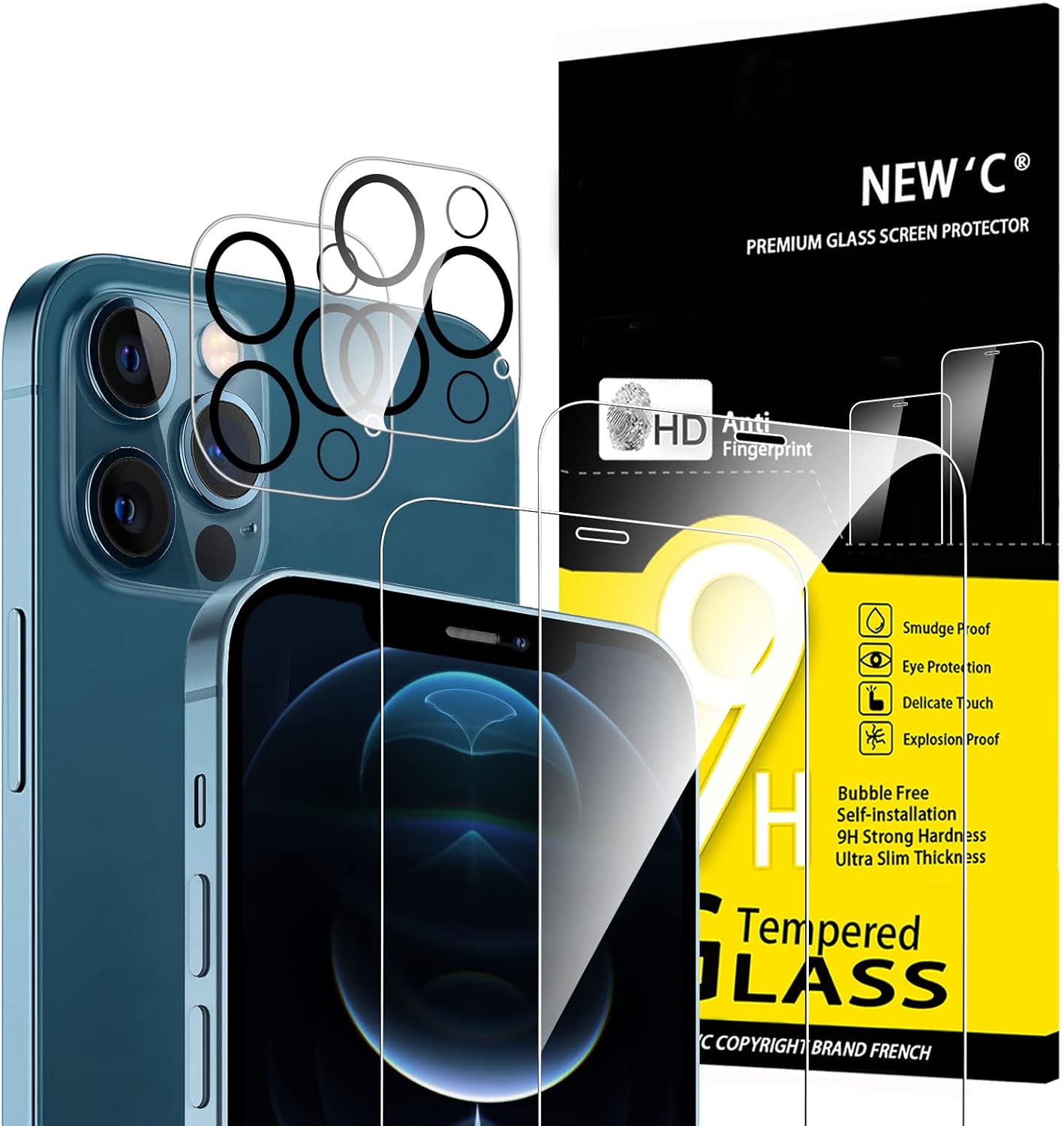 NEW'C [4 Pack], 2 x Glass Screen Protector for iPhone 12 Pro and 2 x ...