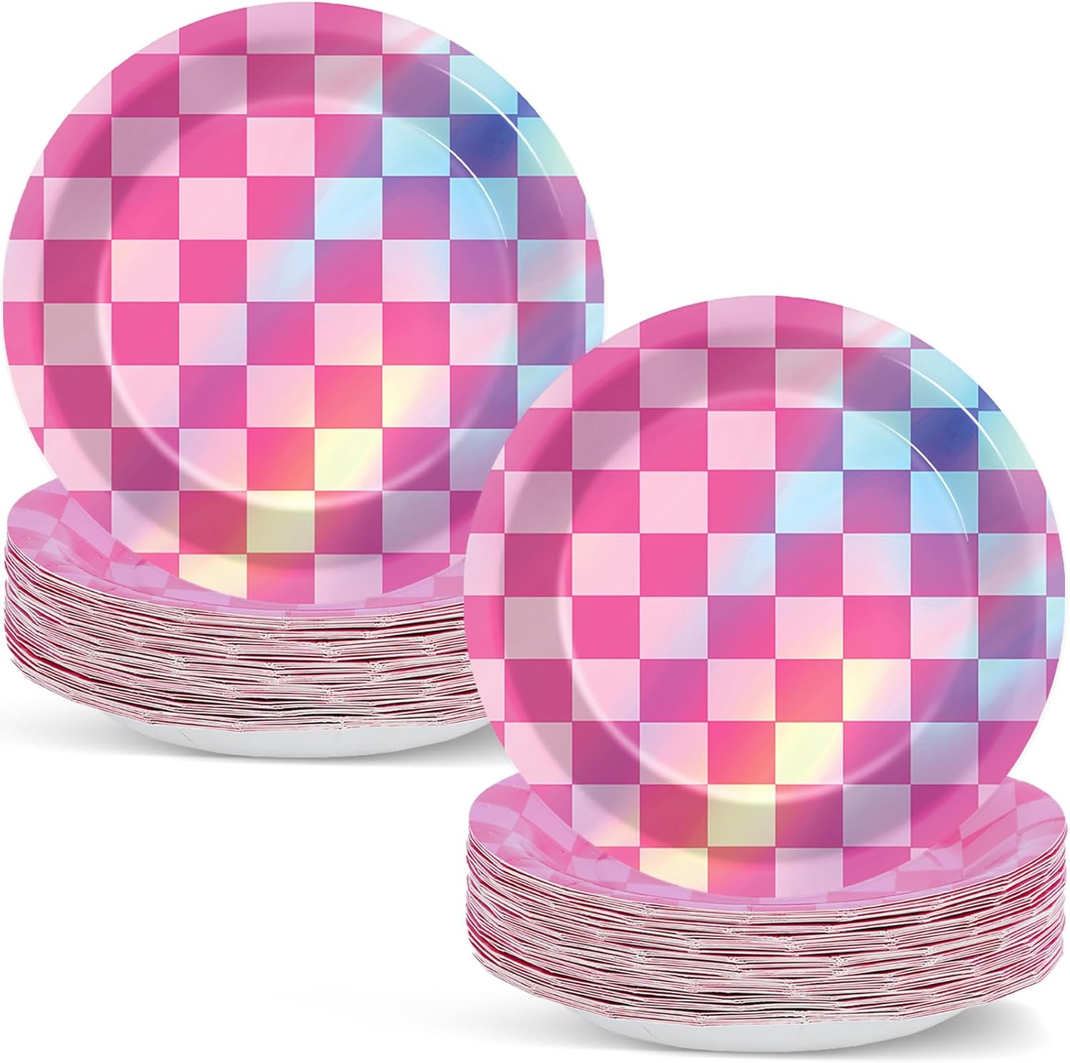 Amazon.com: 50PCS Pink and Iridescent Checkered Party Plates for ...