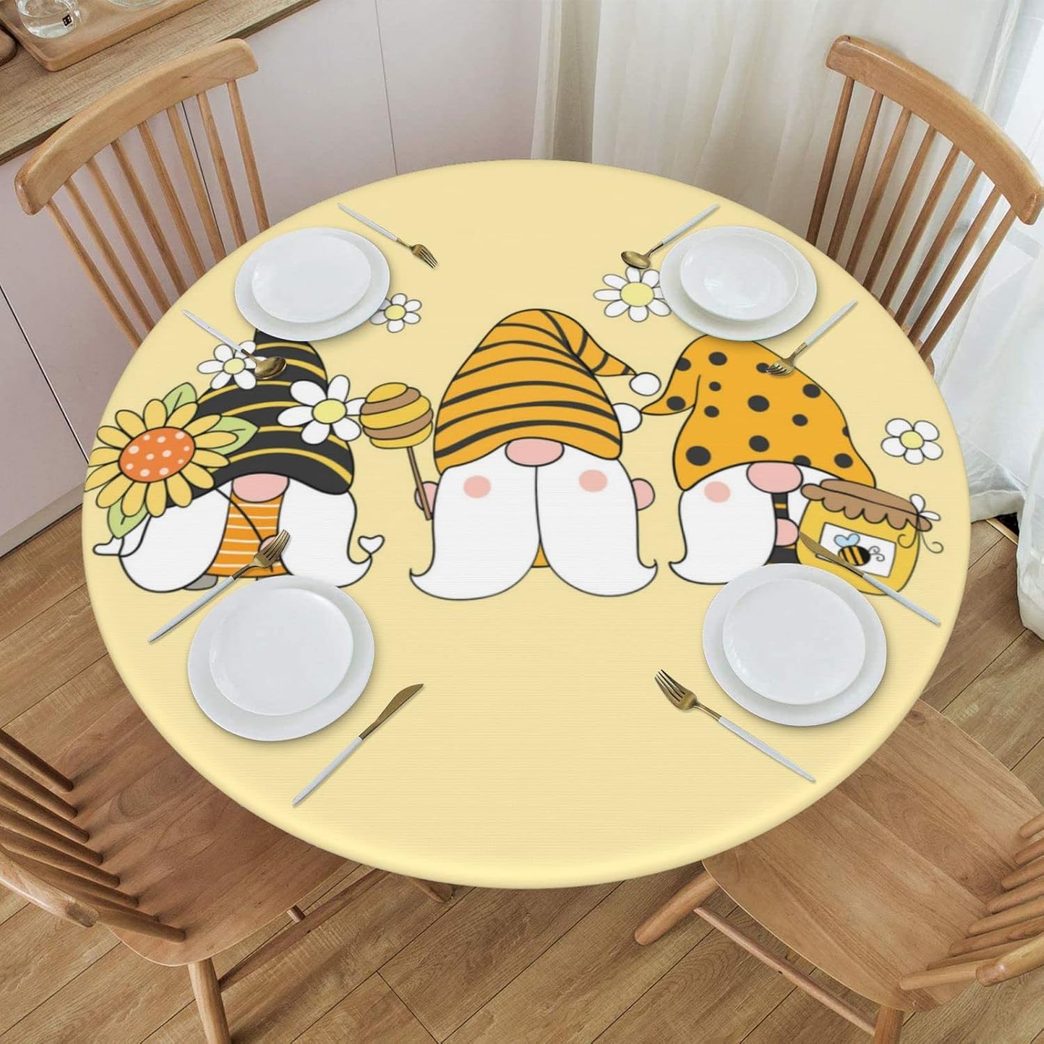 Amazon.com: Famame Cute Sunflower Bee Gnomes Round Fitted Tablecloth ...