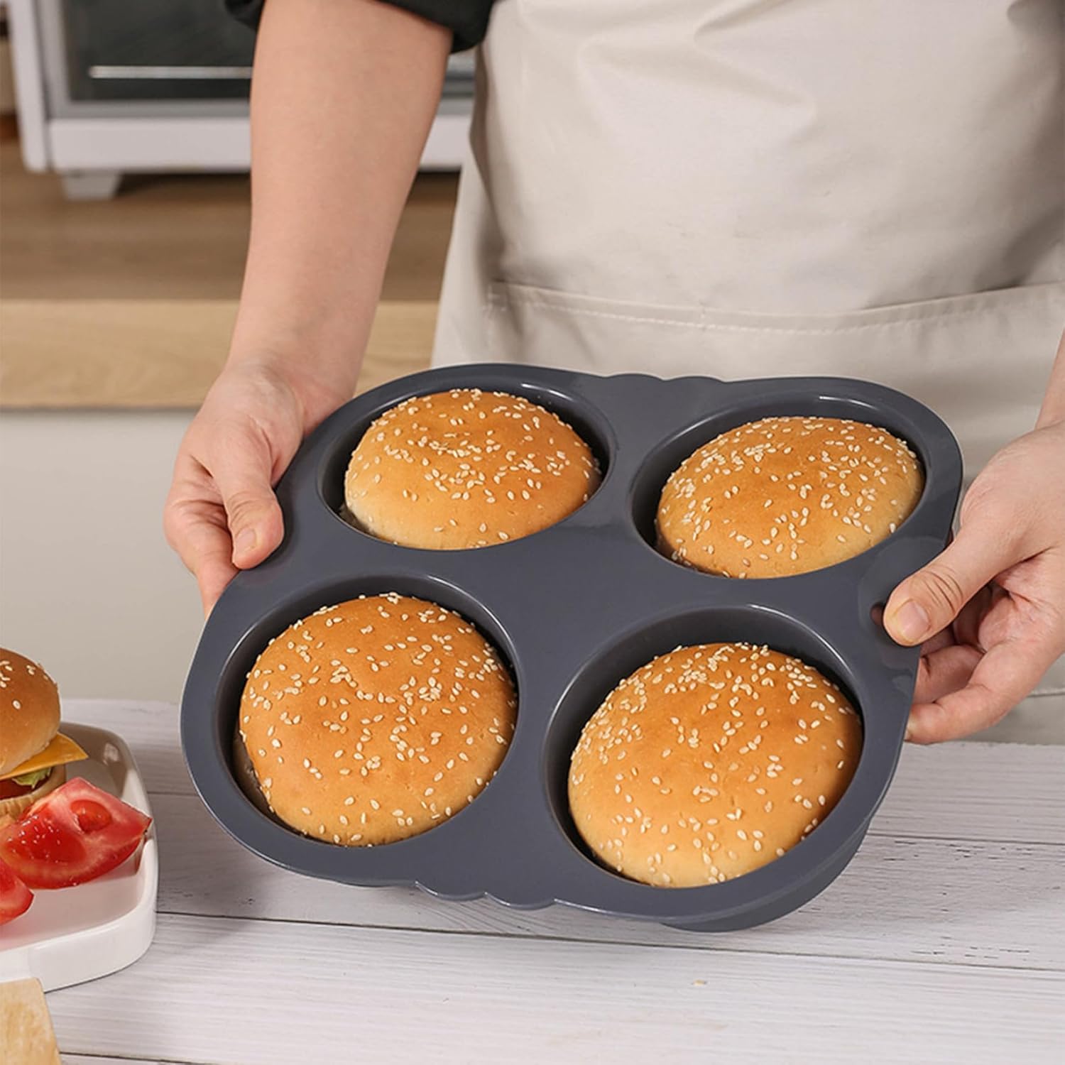 Hamburger Bun Molds, Silicone Burger Bun Baking Tray with 4 Cavities ...
