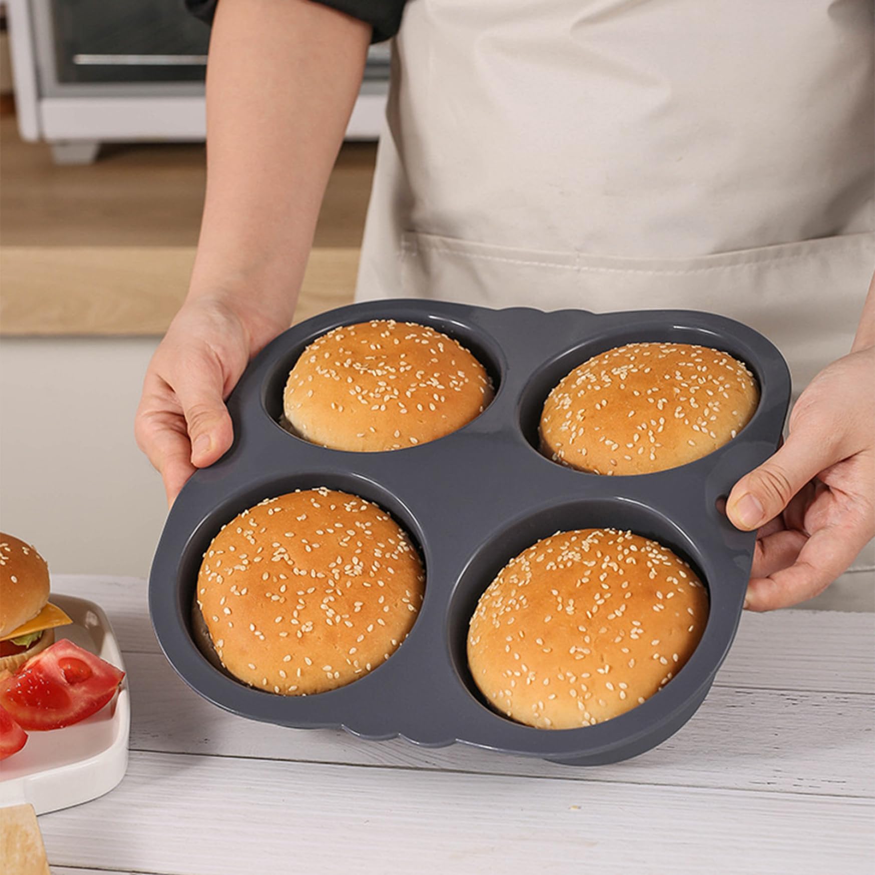 Hamburger Bun Molds, Silicone Burger Bun Baking Tray with 4 Cavities ...