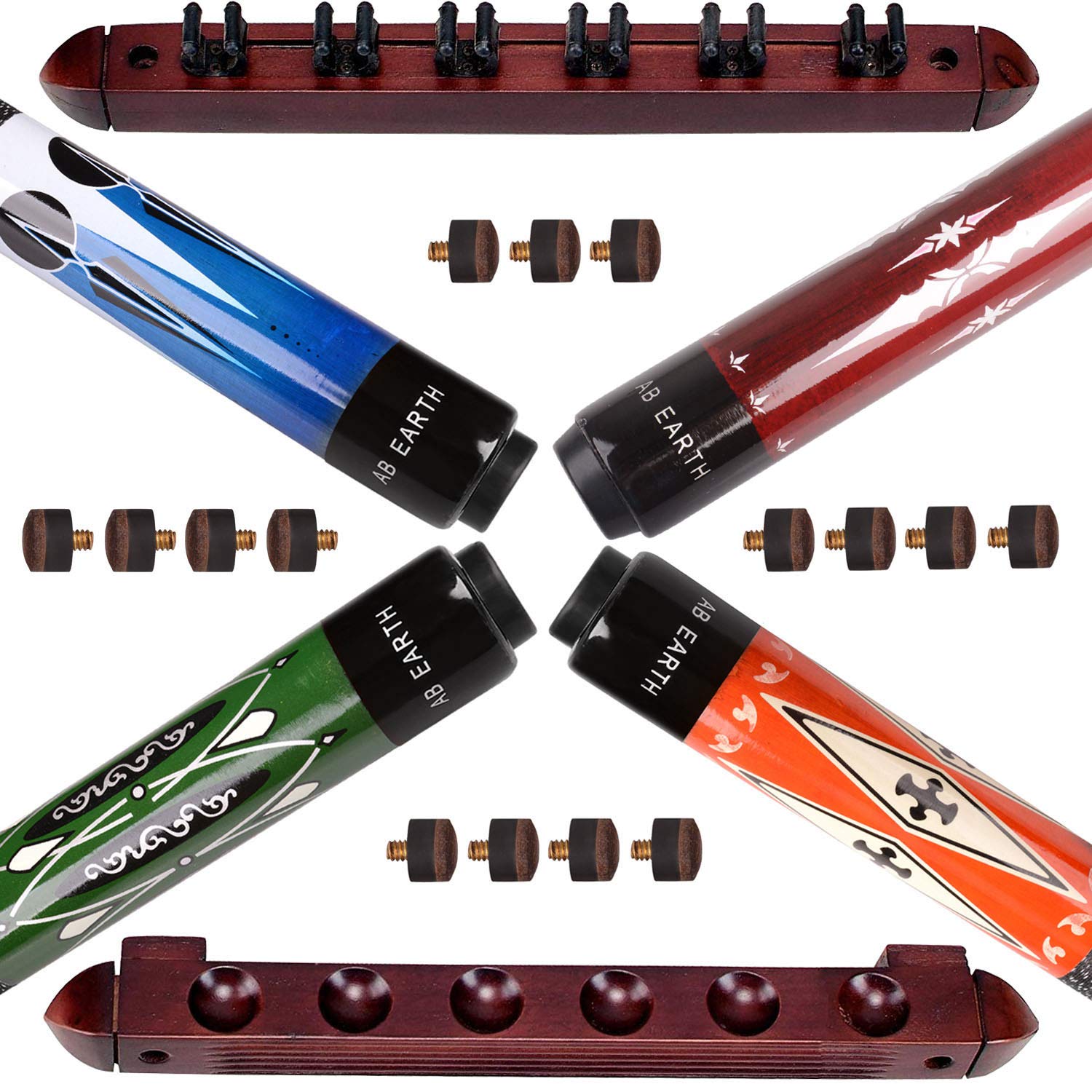 Buy AB Earth Set of 4 Screw-on Glue-on Tip Pool Cues 58 Inches Billiard ...