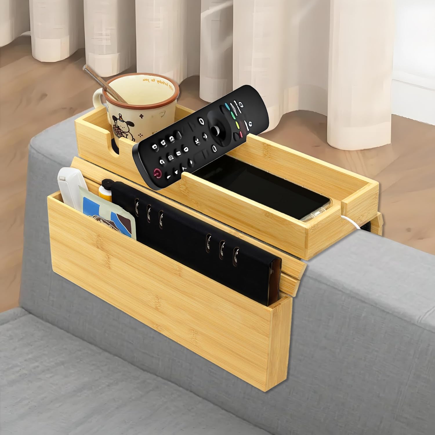 Amazon.com: MinBoo Bamboo Couch Arm Table Tray With Side Storage Pocket ...