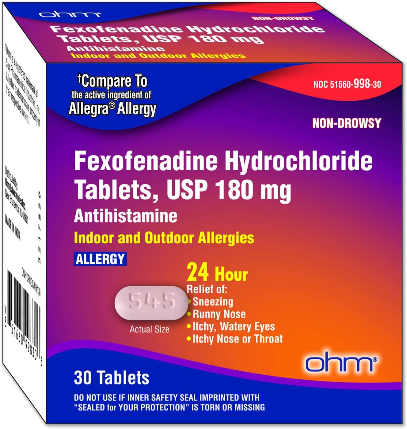 Amazon.com: Ohm Non-Drowsy Fexofenadine 抗組胺 室內戶外過敏緩解片 30 片 : 健康與家庭