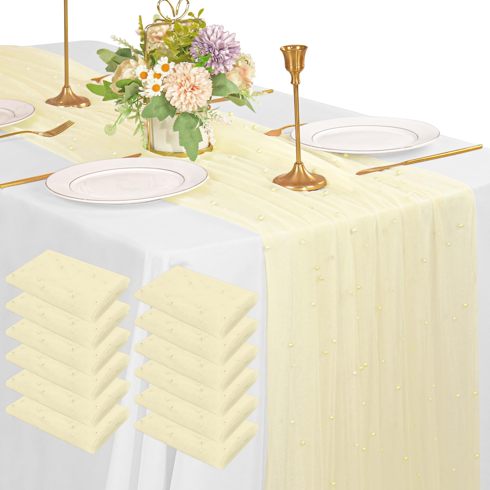 Snapklik.com : 12 Pack 10FT Pearl Table Runner 30x120 Inch Beige Tulle ...
