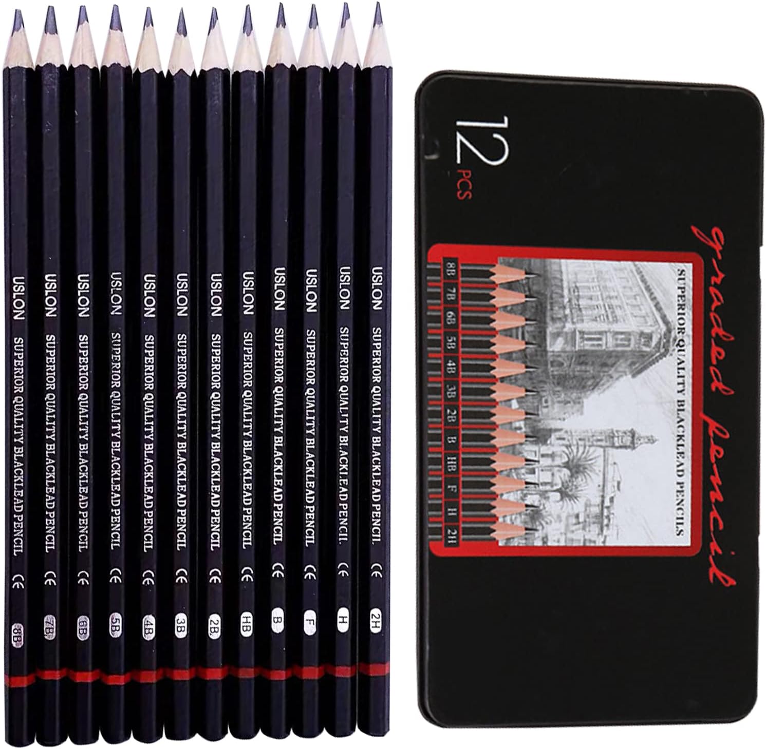 12 Pcs Drawing Pencils 8B, 7B, 6B, 5B, 4B, 3B, 2B, B, HB, F, H, 2H ...