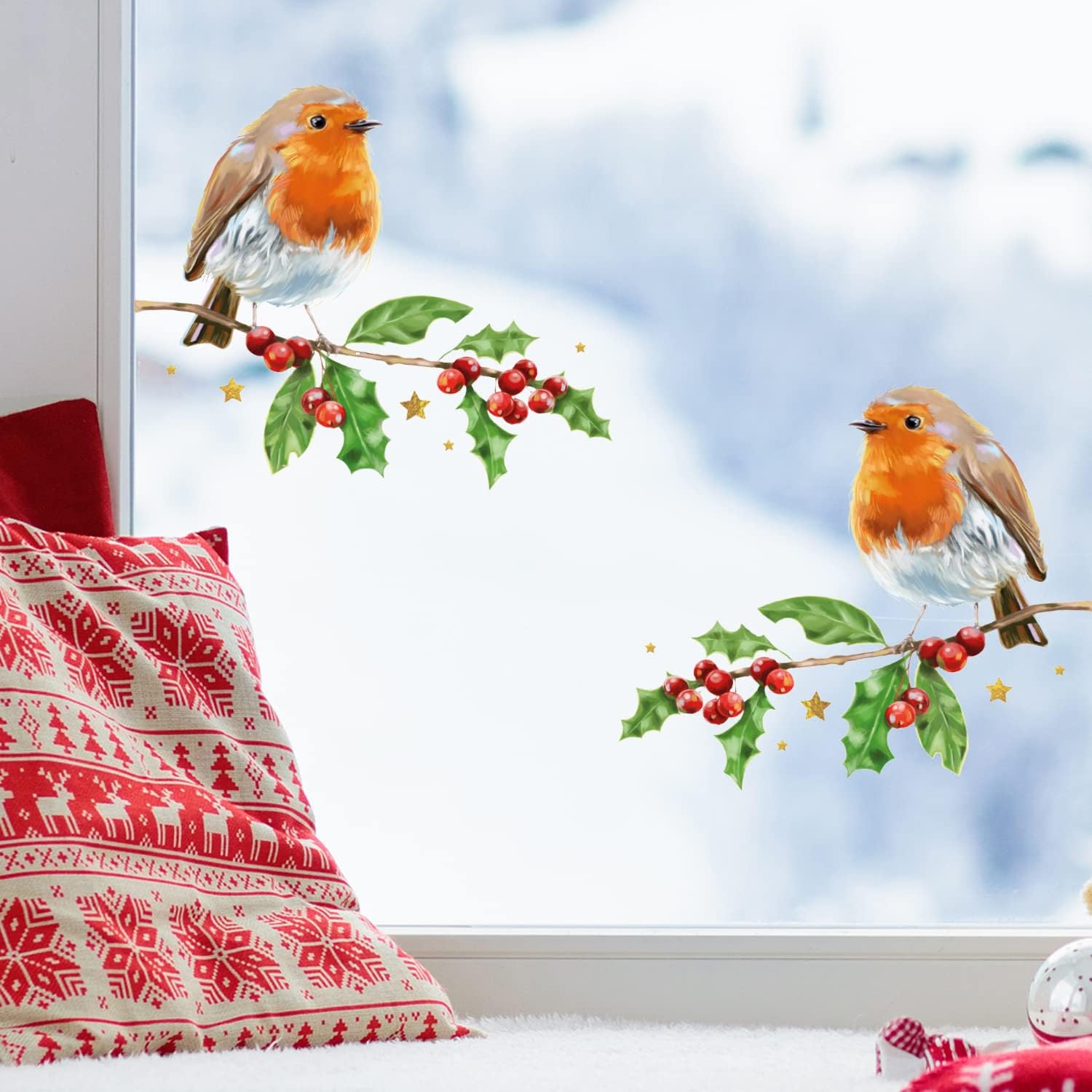 Merry Christmas Pirched Robin Window Sticker Decorations Pack Reusable ...