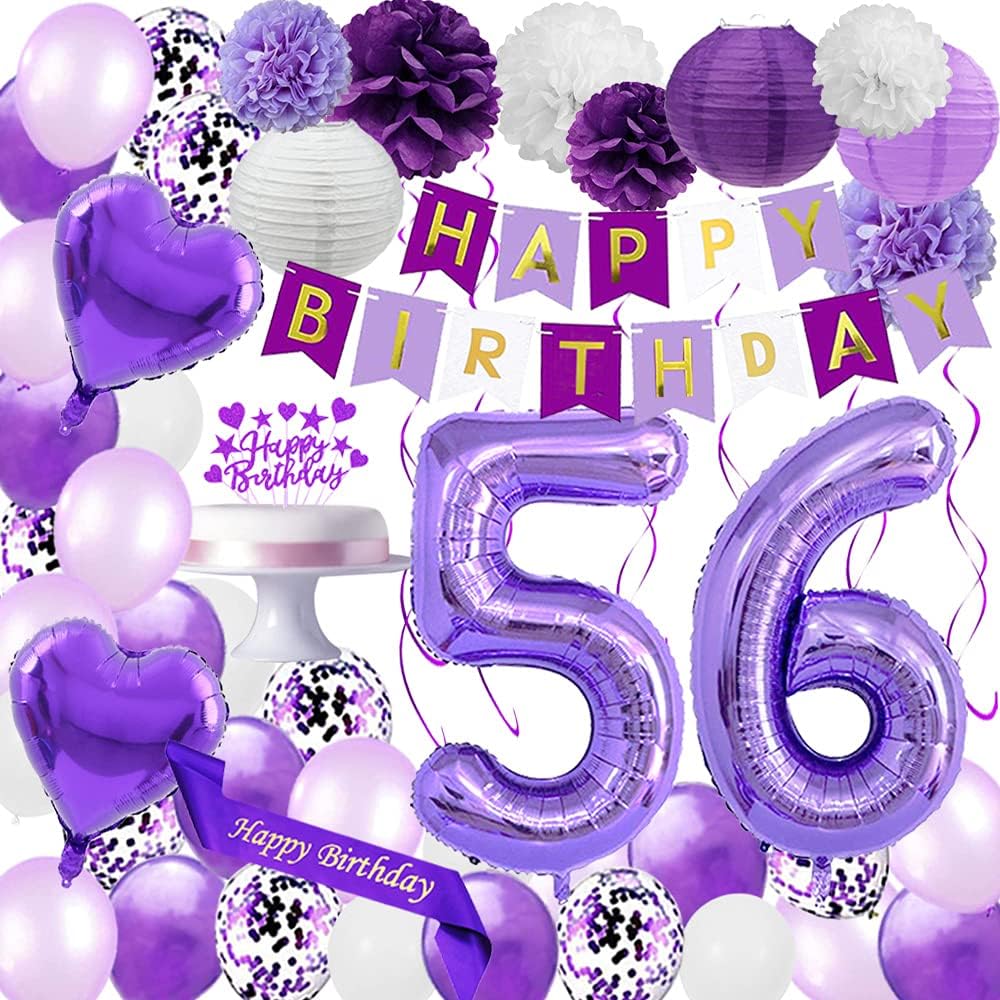 Amazon.com: Santonila Purple 56th Birthday Decorations Set - Happy ...