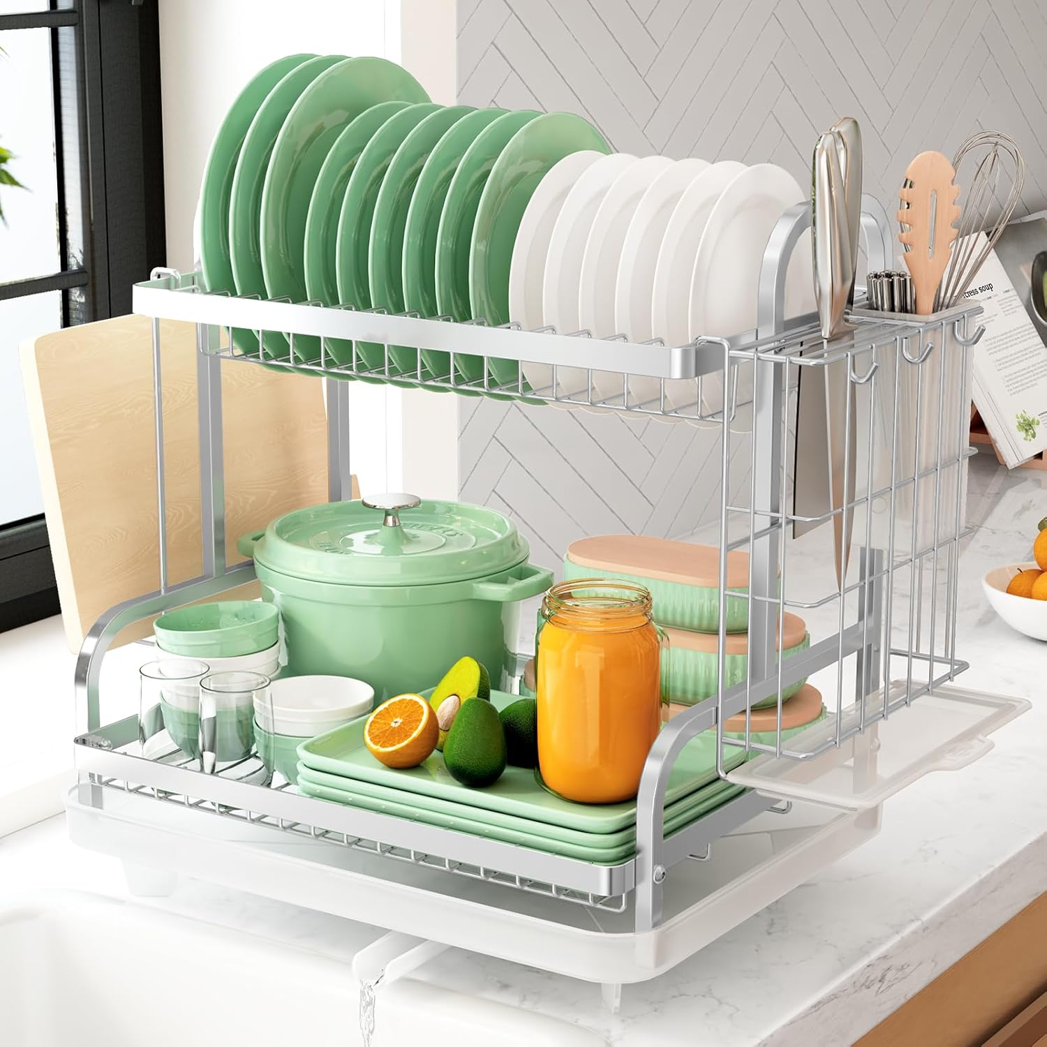 Amazon.com - Kitsure Multifunctional Dish Rack with Drainboard, 2-Tier ...