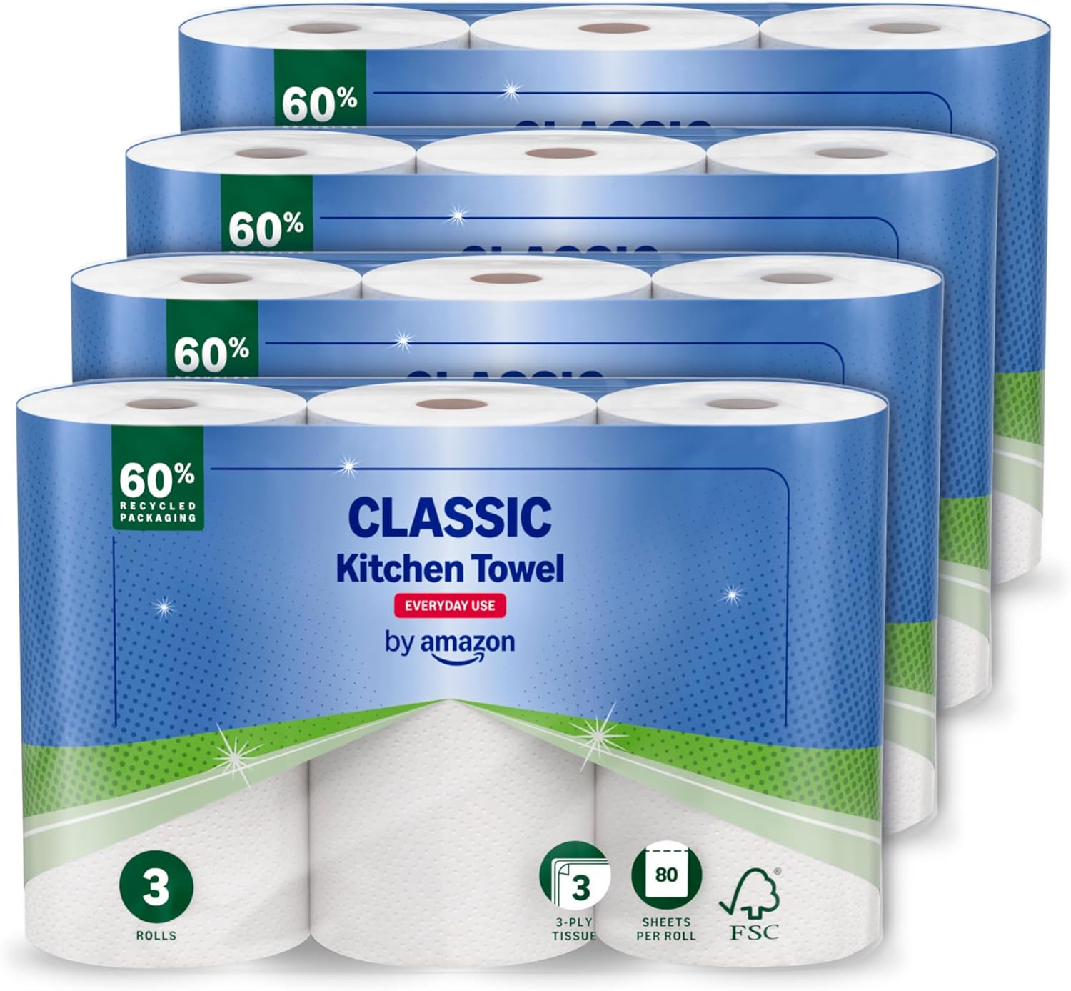 by Amazon Classic Kitchen Roll, 3-ply, Strong and Absorbent, 12 Rolls ...
