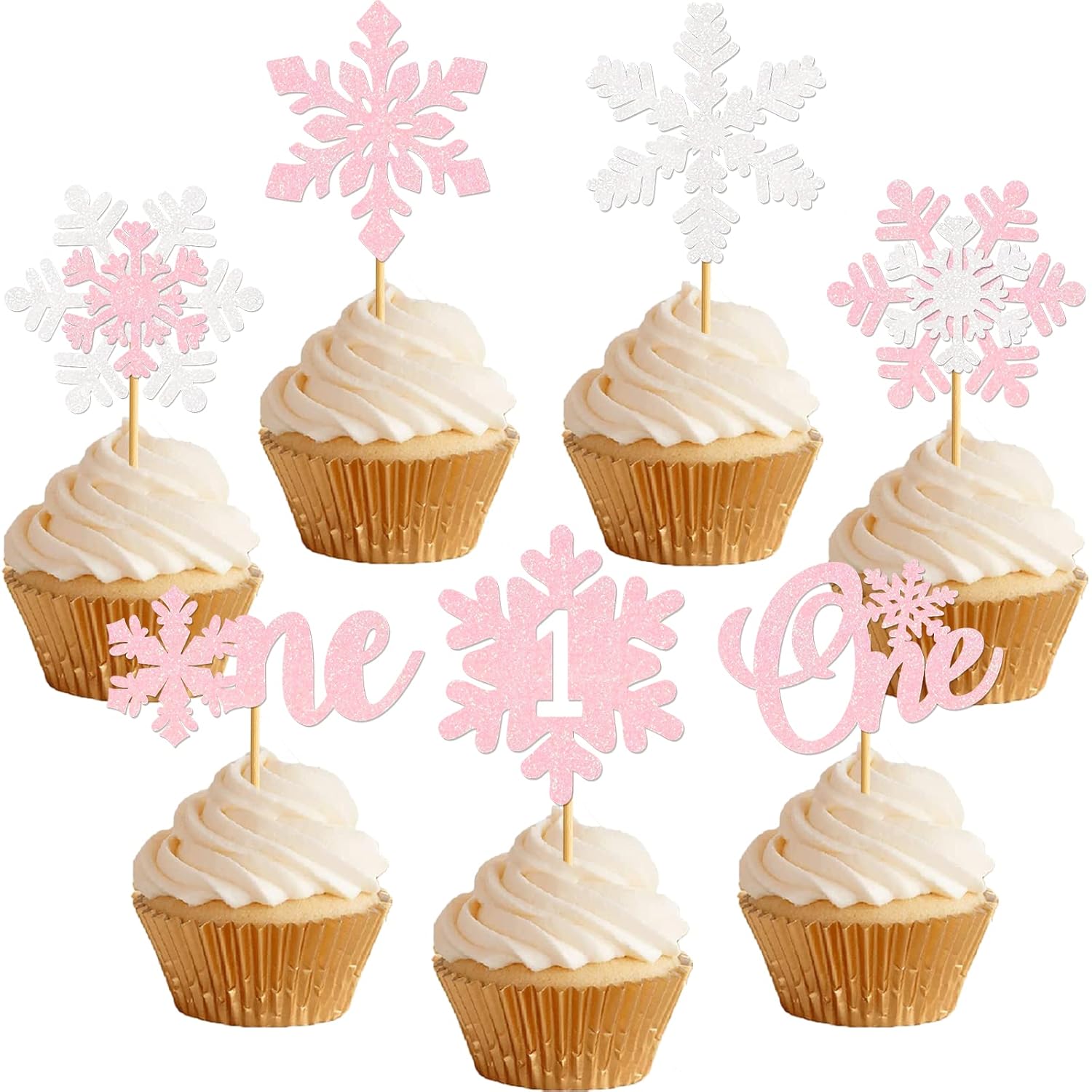 Amazon.com: 28 Pcs Glitter Pink Snowflake Cupcake Toppers, Winter ...