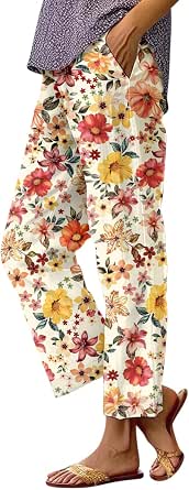 Womens Linen Pants 2025 Spring Summer Wide Leg Plus Size Floral Printed ...