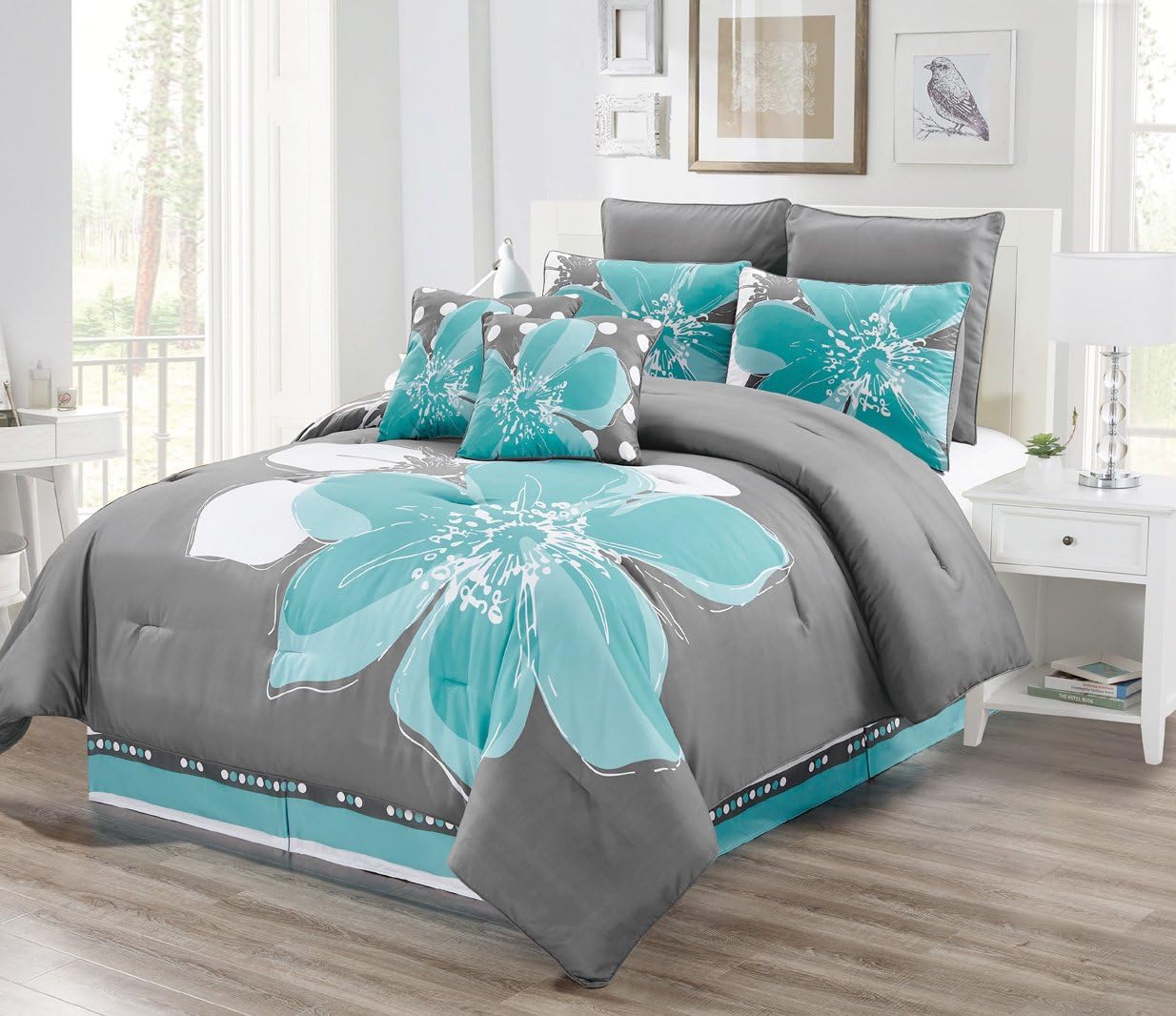 Amazon.com: GrandLinen - 4 - Piece Aqua Blue, Grey, White Hibiscus ...