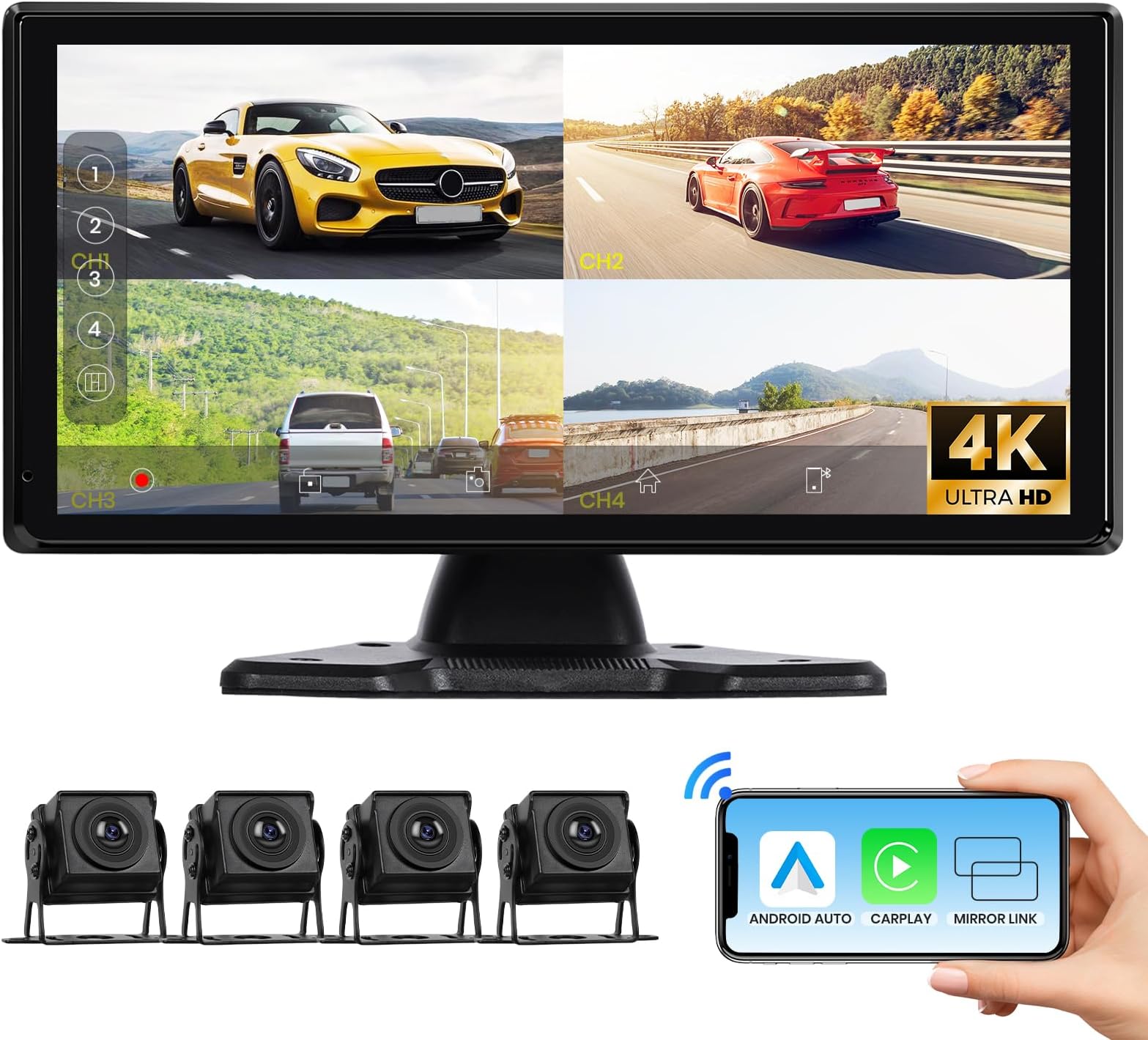 Amazon.com: Hodozzy 4K Portable Carplay Screen with 4 AHD Backup Camera ...