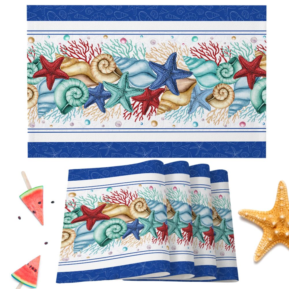 Amazon.com: Nautical Starfish Navy Blue Placemats Set of 6 Washable ...