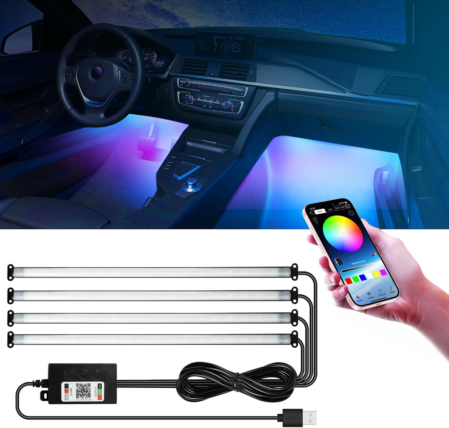 VIFERR Car LED Light Strips, 4pcs Car Interior Lights Music LED ...