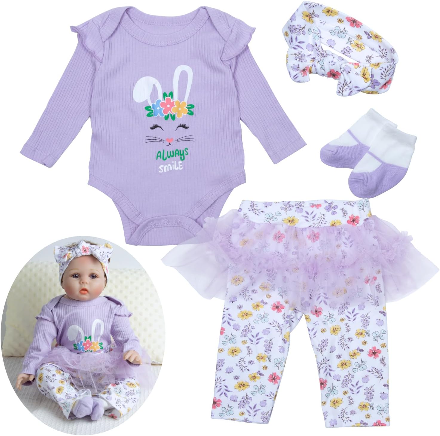 Amazon.com: Reborn Baby Doll Clothes 22 Inch Girl Cute Purple Rabbit 4 ...