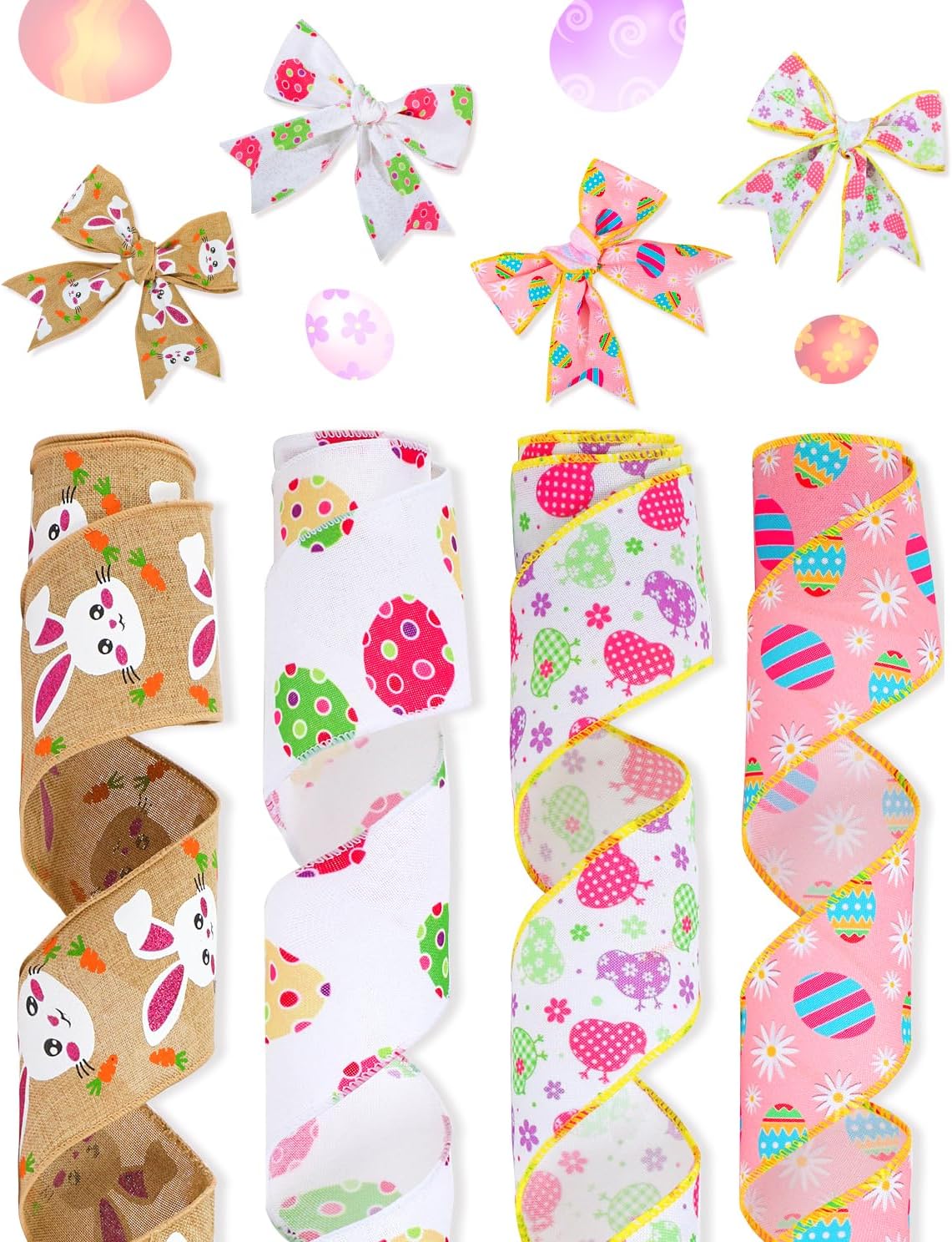 Amazon.com: 4PCS Easter Wired Ribbons Bunny Egg Burlap Ribbons 2.5Inch ...