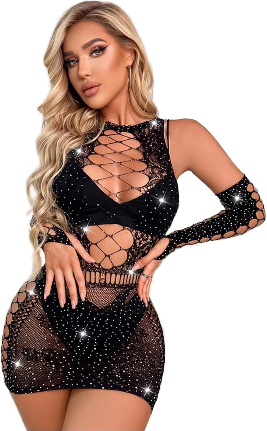 Amazon.com: SEXYTINE Women's Sexy Rhinestone Fishnet Bodysuit with Gloves Set Exotic Lingerie ...