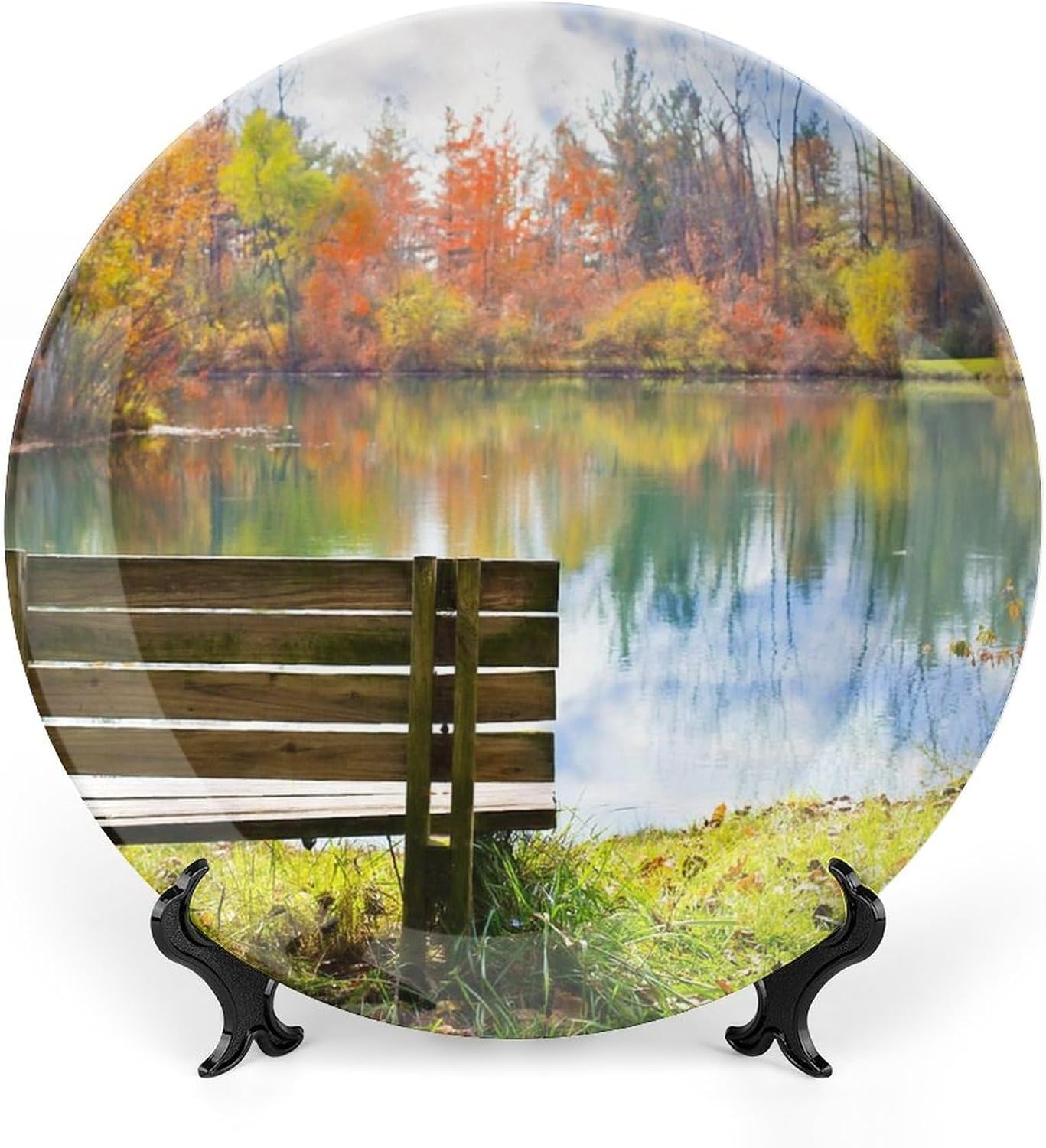 Amazon.com: Decorative Plate for Wall Wood Bench Pond Autumn Fall ...