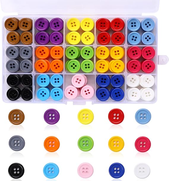 300PCS 15 Color Mixed Buttons with 4 Holes 15mm Round Resin Craft ...