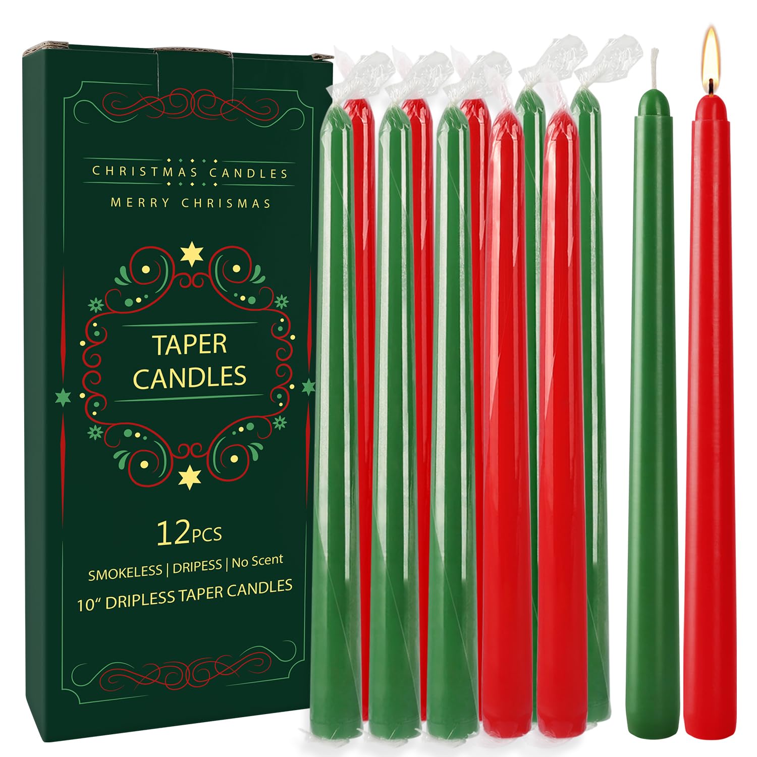 Amazon.com: 12-Pack 10-Inch Green & Red Christmas Taper Candles ...