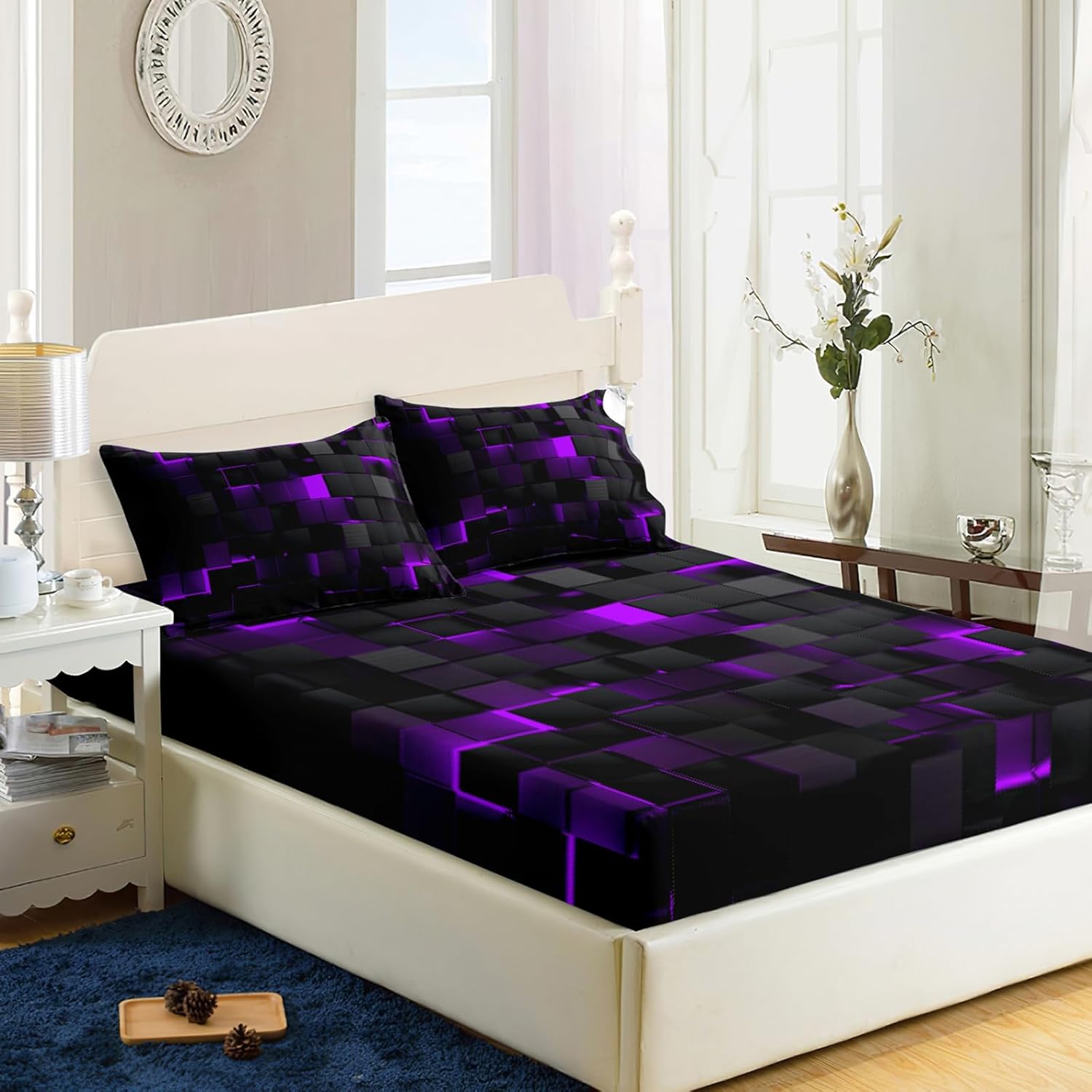 Amazon.com: Soft Bedding Fitted Sheet Queen Size,Geometric Violet Black ...