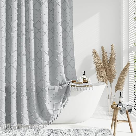 Amazon.com: Dynamene Grey Fabric Shower Curtain, Boho Tufted Geometric ...