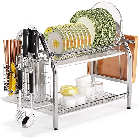 Amazon.com: Simple Houseware 2-Tier Metal Dish Rack with Drainboard ...