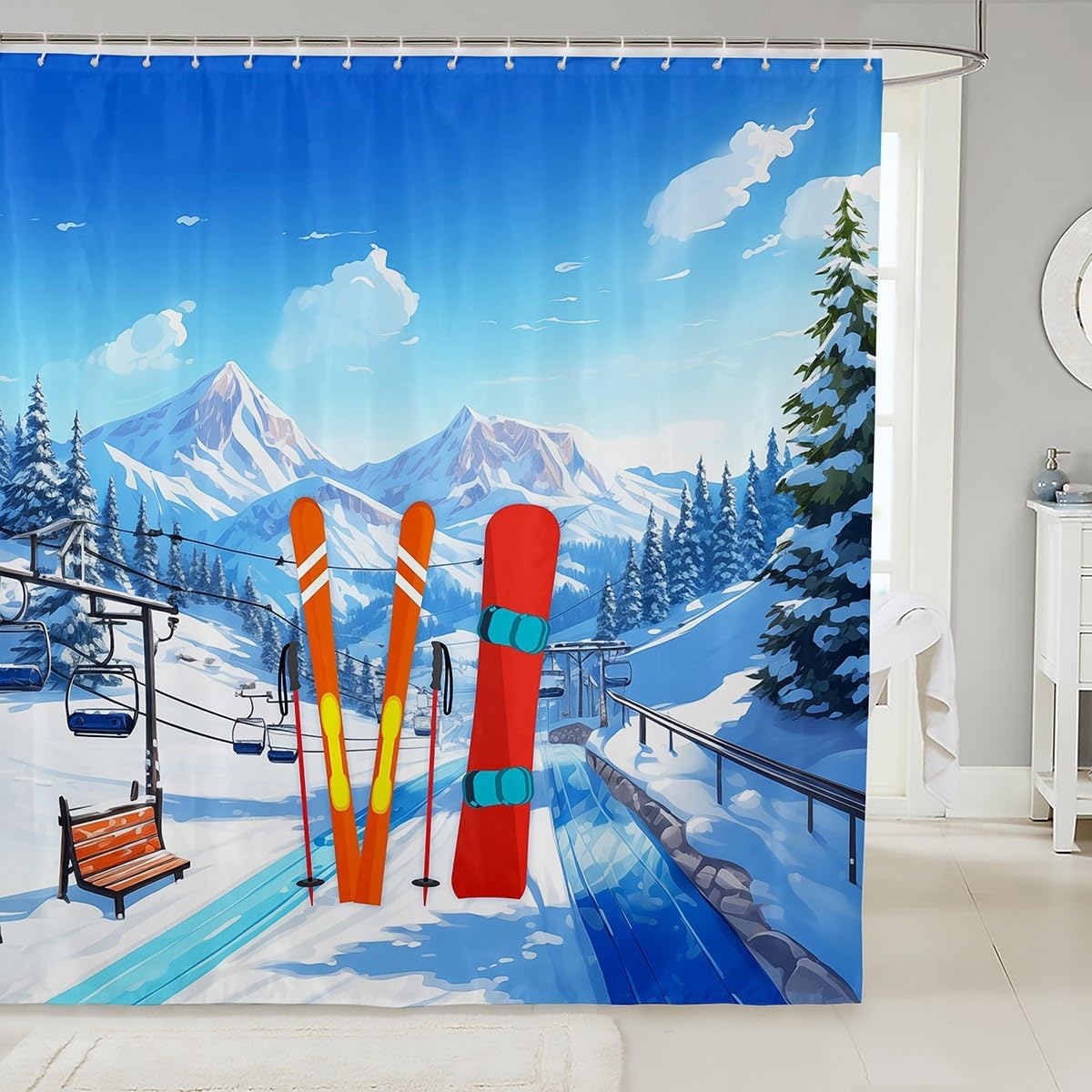 Amazon.com: Ski Theme Shower Curtain,Skiing Snow Mountain View Bathroom ...
