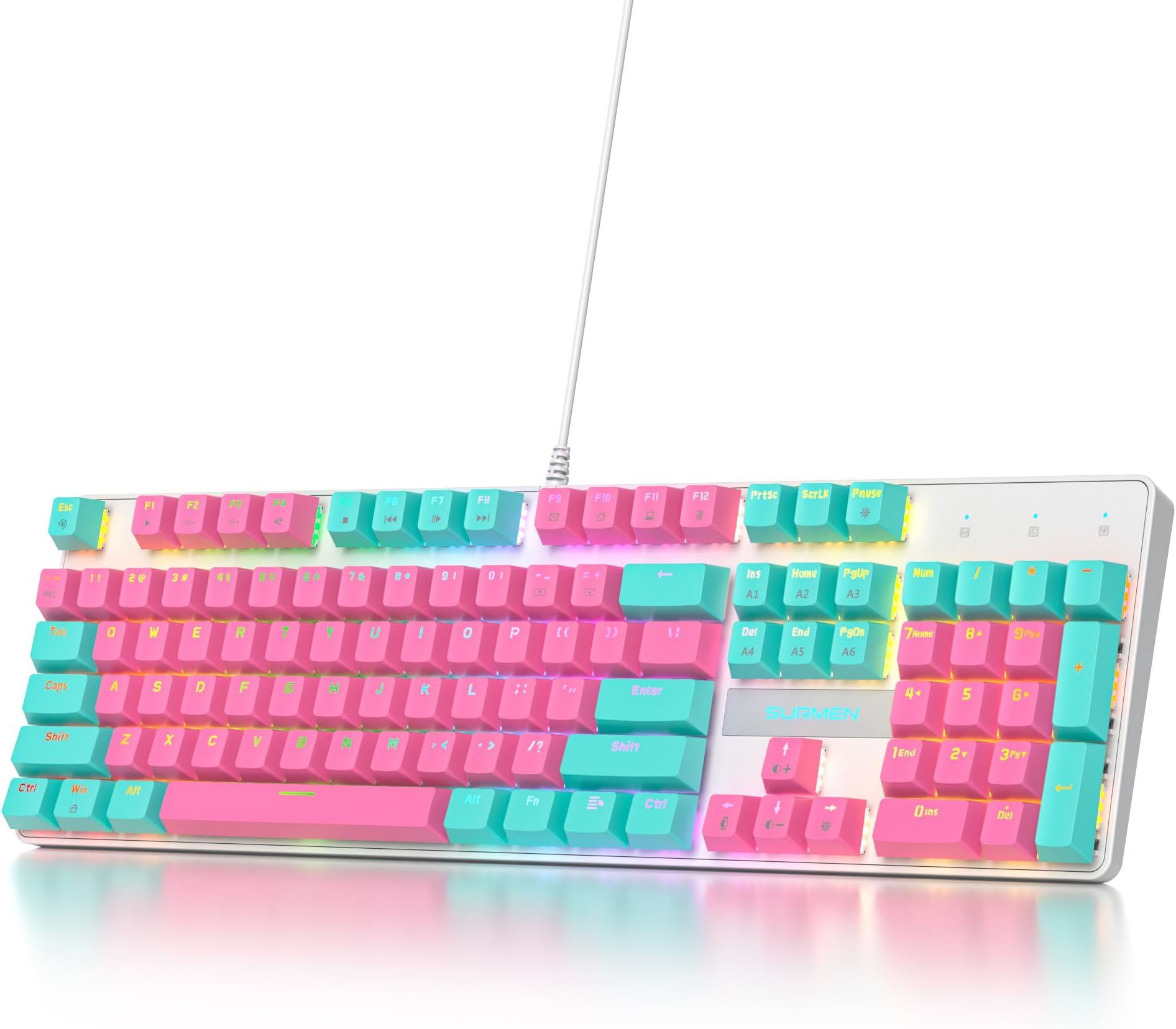 Amazon.com: surmen Full Size Pink Creamy Keyboard with Number Pad, 104 ...
