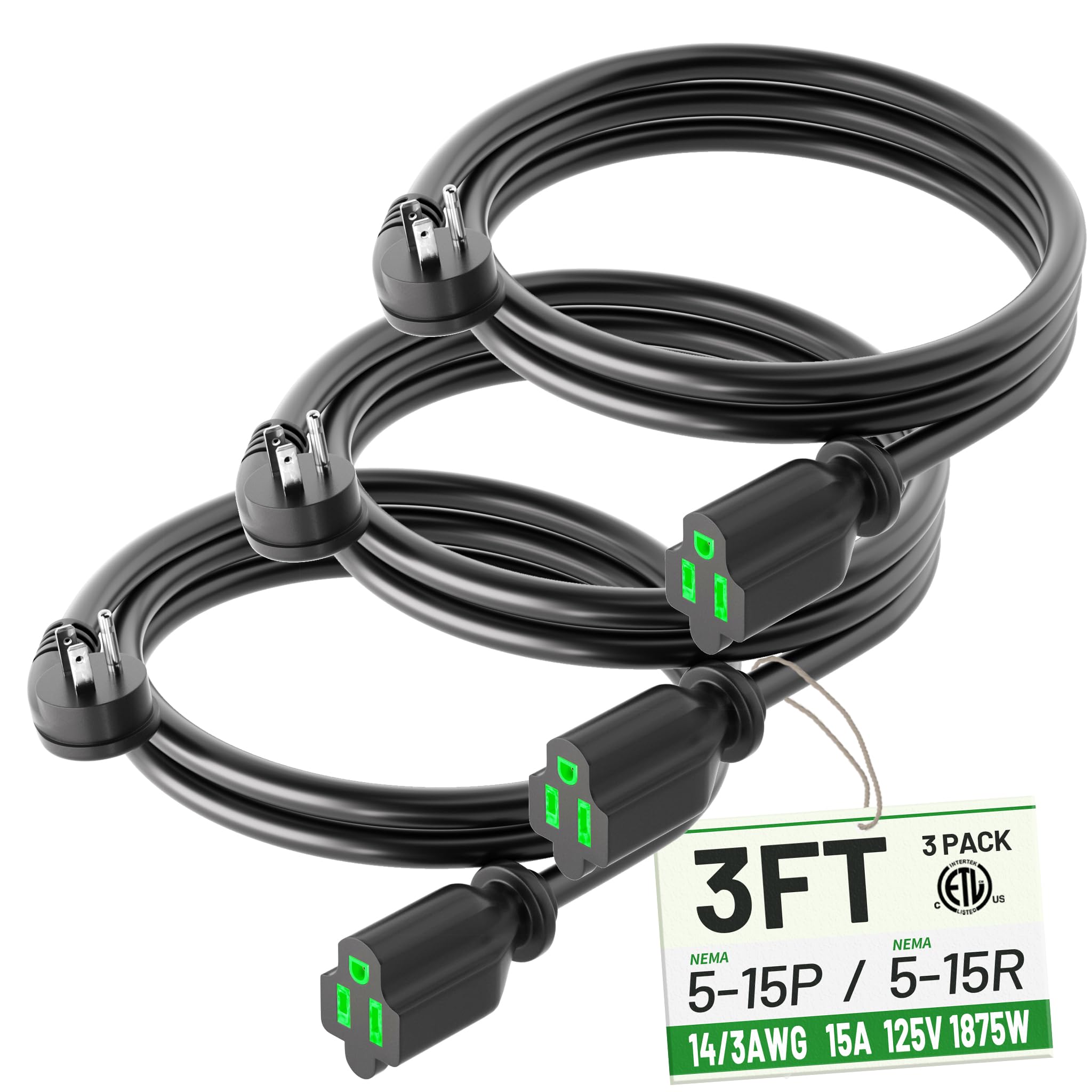 Amazon.com: POWGRN 3 Pack 3 Foot Flat Plug Extension Cord Black, 14/3 ...