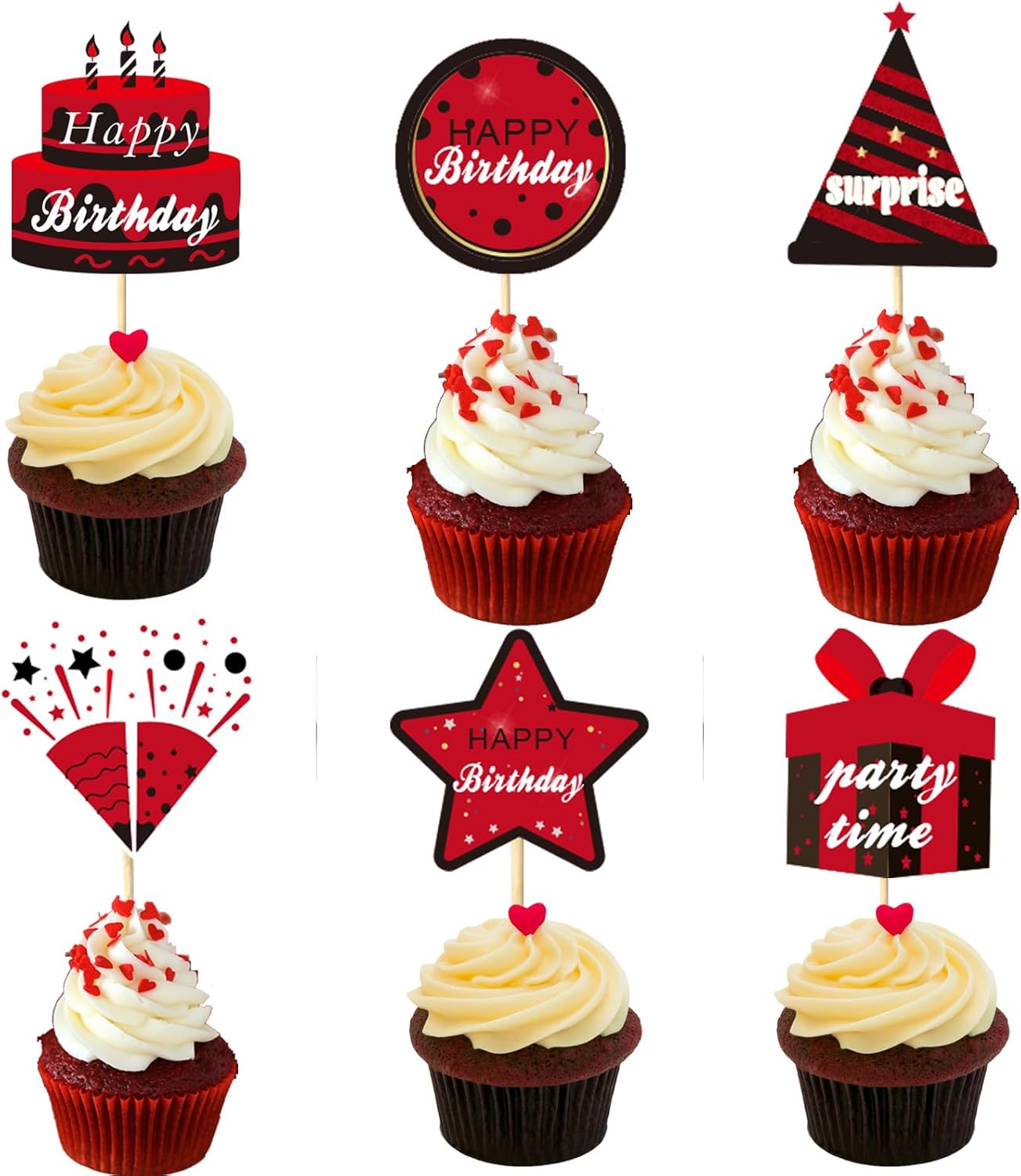 Amazon.com: 36PCS Black Red Cupcake Toppers - Happy Birthday Cake ...